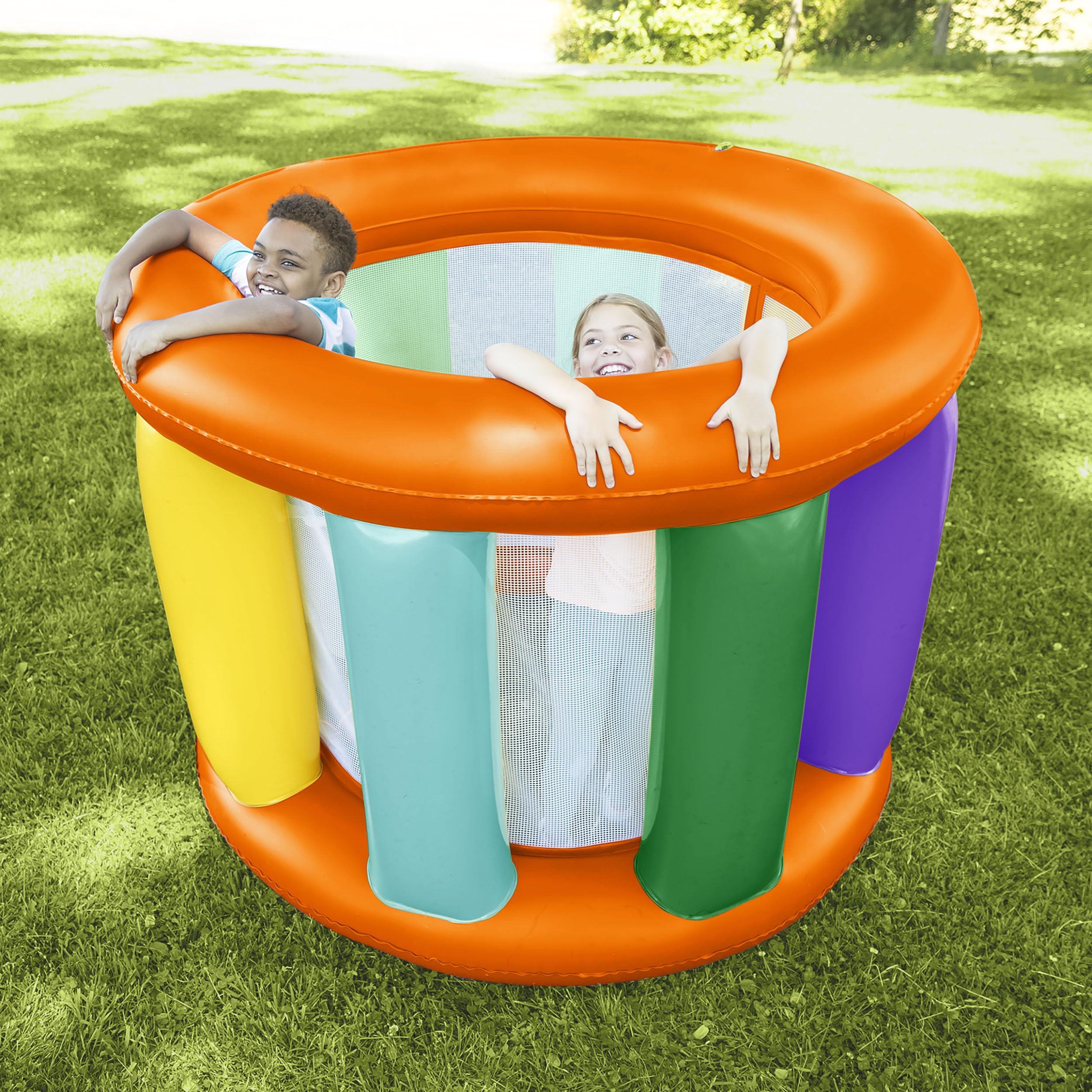 HearthSong Roll with It! 2.0 Giant Inflatable Rainbow Land Roller with Mesh Interior for Active Outdoor Play, 67" Outer Diam. x 45" Inner Diam., Holds up to 300 lbs.