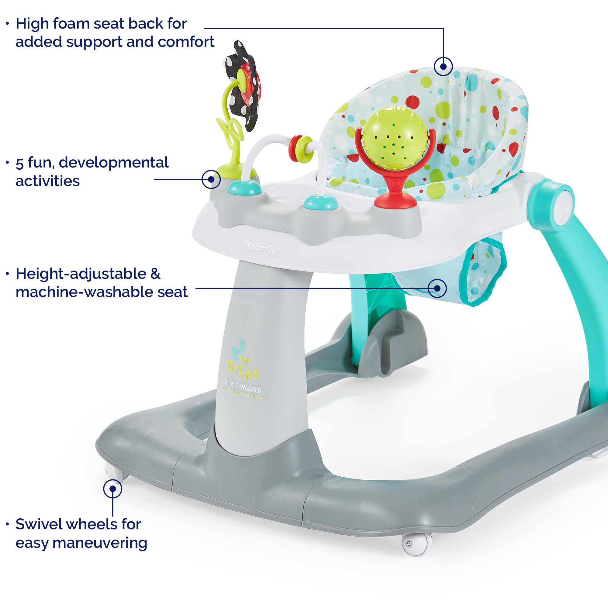 Kolcraft Tiny Steps 2-in-1 Infant & Baby Activity Walker - Seated or Walk-Behind, Jubliee