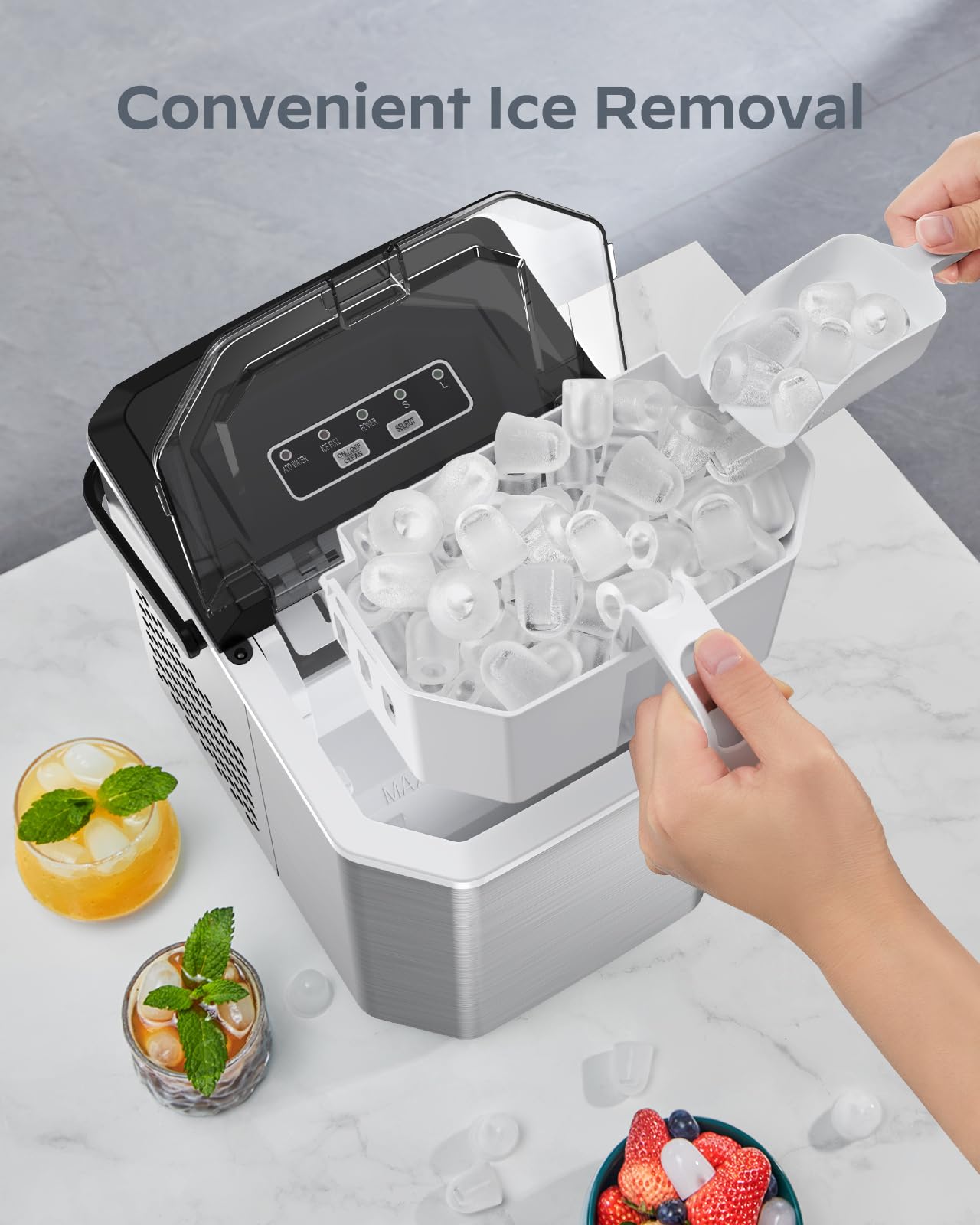 Silonn Stainless Steel Ice Maker Countertop, Stainless Steel Portable Ice Machine with Carry Handle, Self-Cleaning Ice Makers with Basket and Scoop, 9 Cubes in 6 Mins, 26 lbs per Day