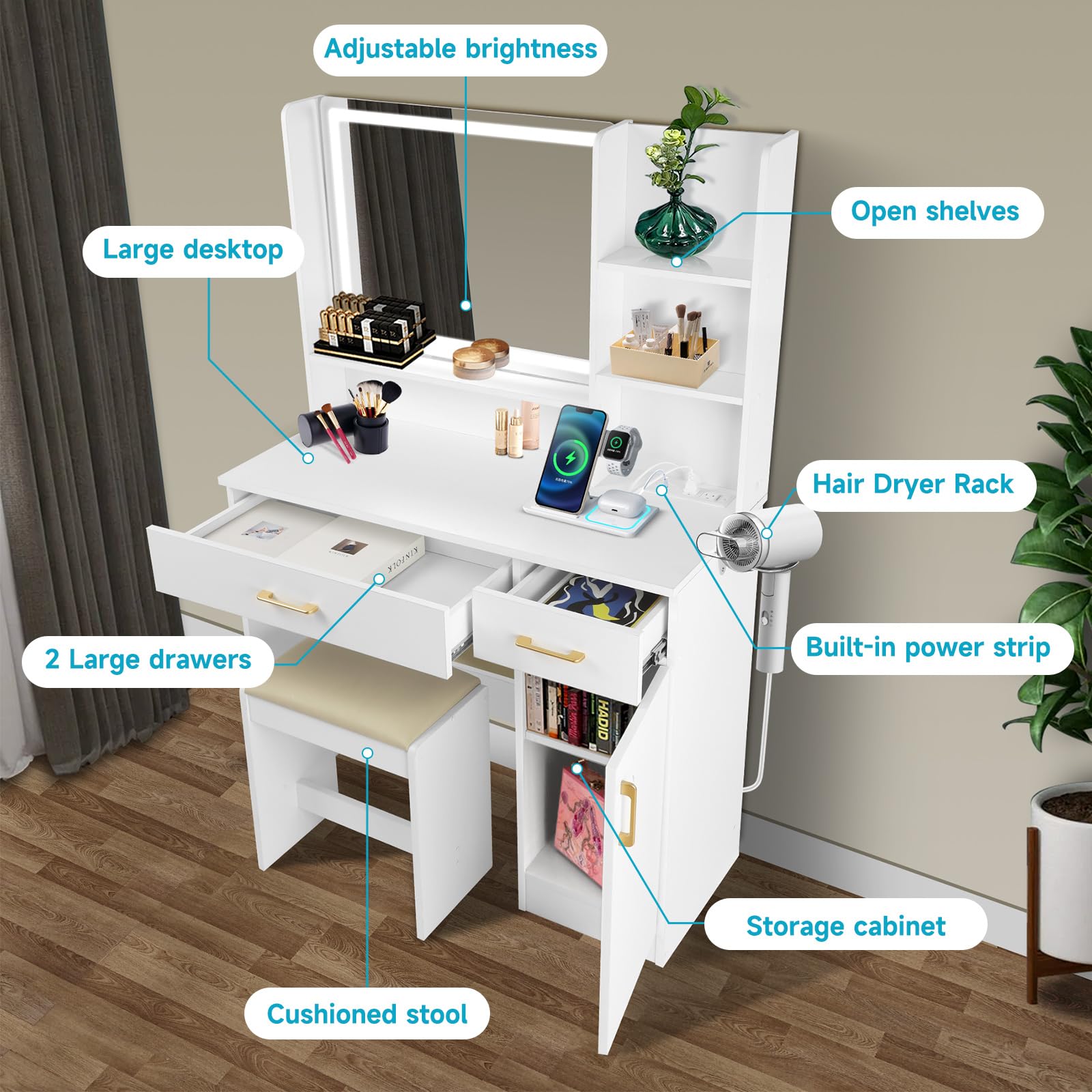 QUALIKRAFT Vanity Set, Vanity Desk with Mirror and Lights, Vanity Desk with Drawers, Vanity with Charging Station, Vanity with Chair, Vanity with Storage, White Vanity, Makeup Vanity,Bedroom Vanity