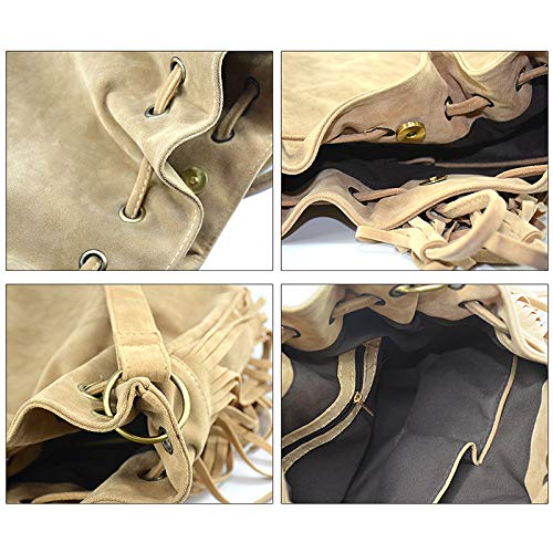 Heidi Women's Fringed Bucket Purse Tassel Faux Suede Shoulder Bag Ring Top-Handle Crossbody Bag Apricot