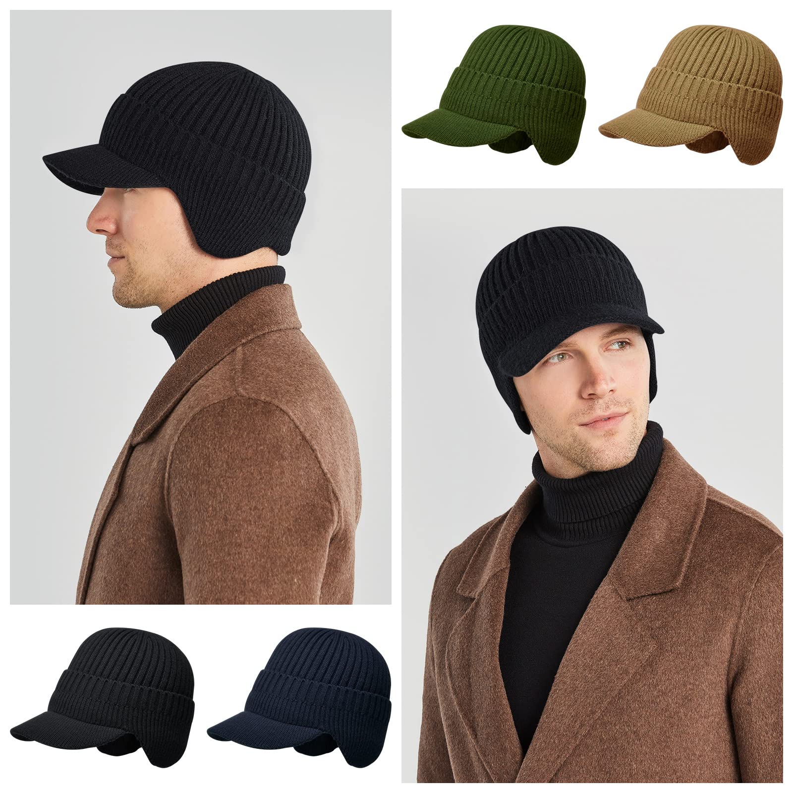 AkiiGer Men's Winter Hat Beanie with Brim, Warm Earflaps Hat for Men, Thick Fleece Lined Knit Beanie Outdoor(Black)