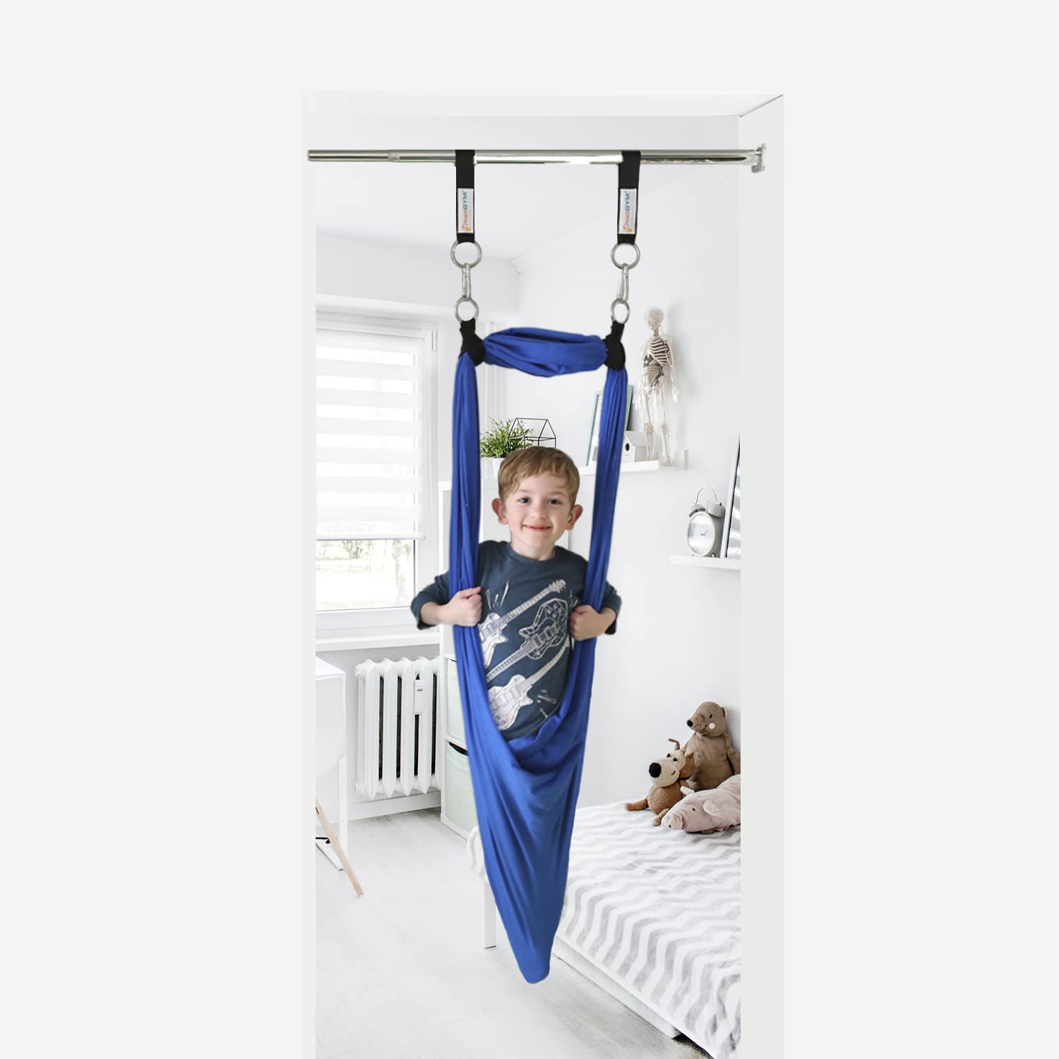DreamGYM Doorway Sensory Swing Kit - Blue Compression Swing and Trapeze Bar with Red Gym Rings Combo