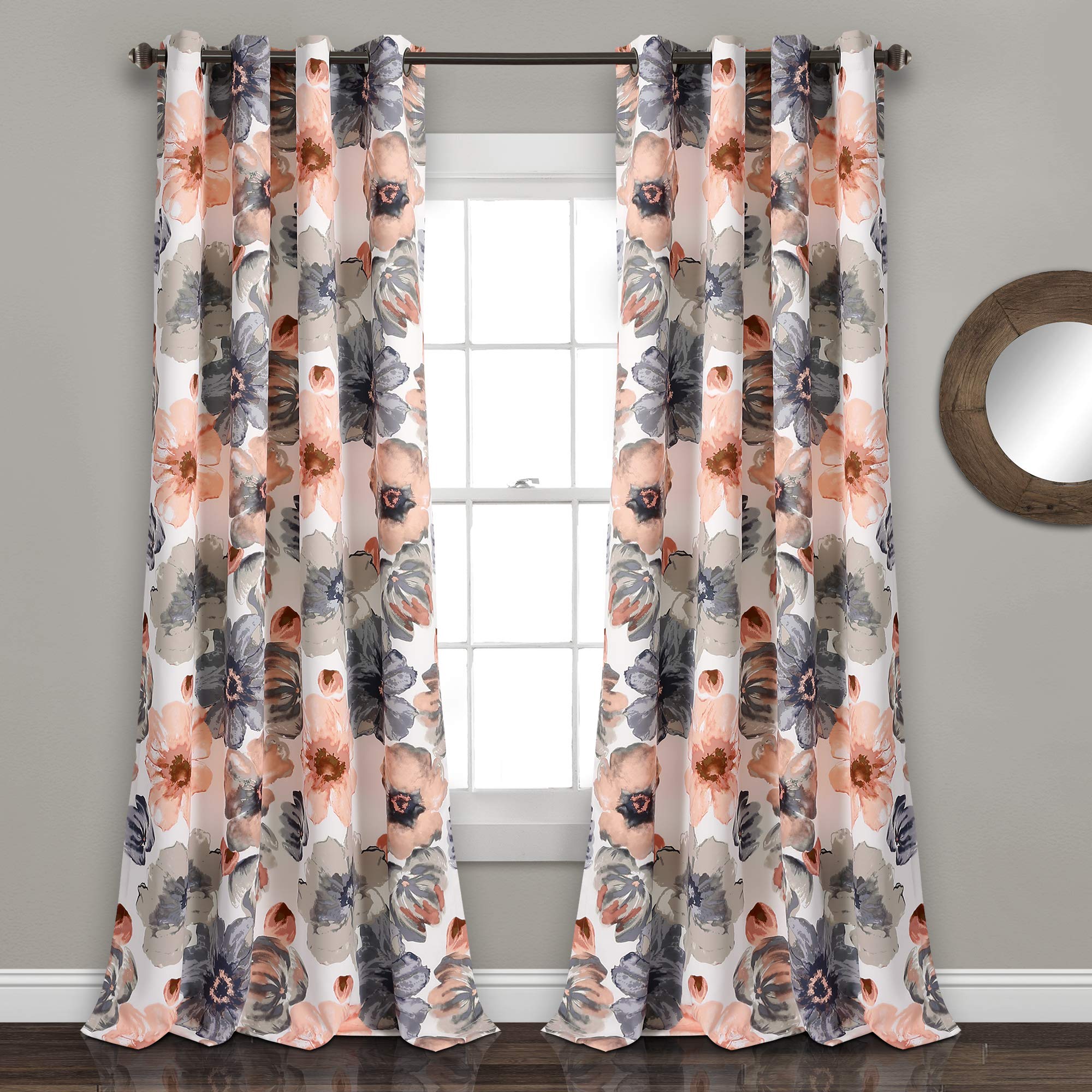 Lush Decor Leah Light Filtering Window Curtain Panels, Pair, 52" W x 95" L, Coral & Gray - Floral Curtains - Colorful Spring Watercolor Flowers - Long Curtains for Bedroom, Living Room & Dining Room