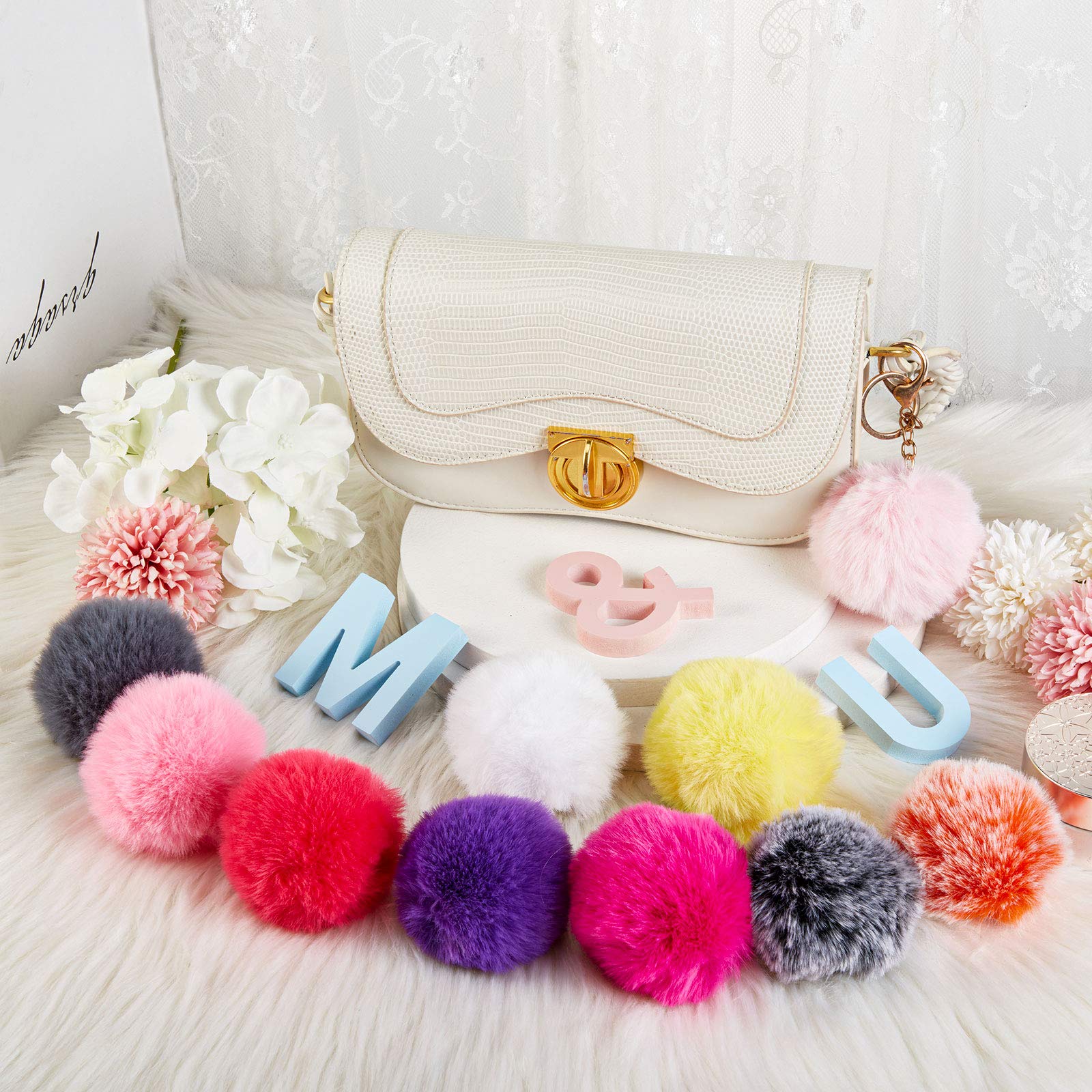 Hicarer 36 Pom Poms Keychains Faux Rabbit Fur Pompoms Keyring Pompom Keychain (3 Inch)