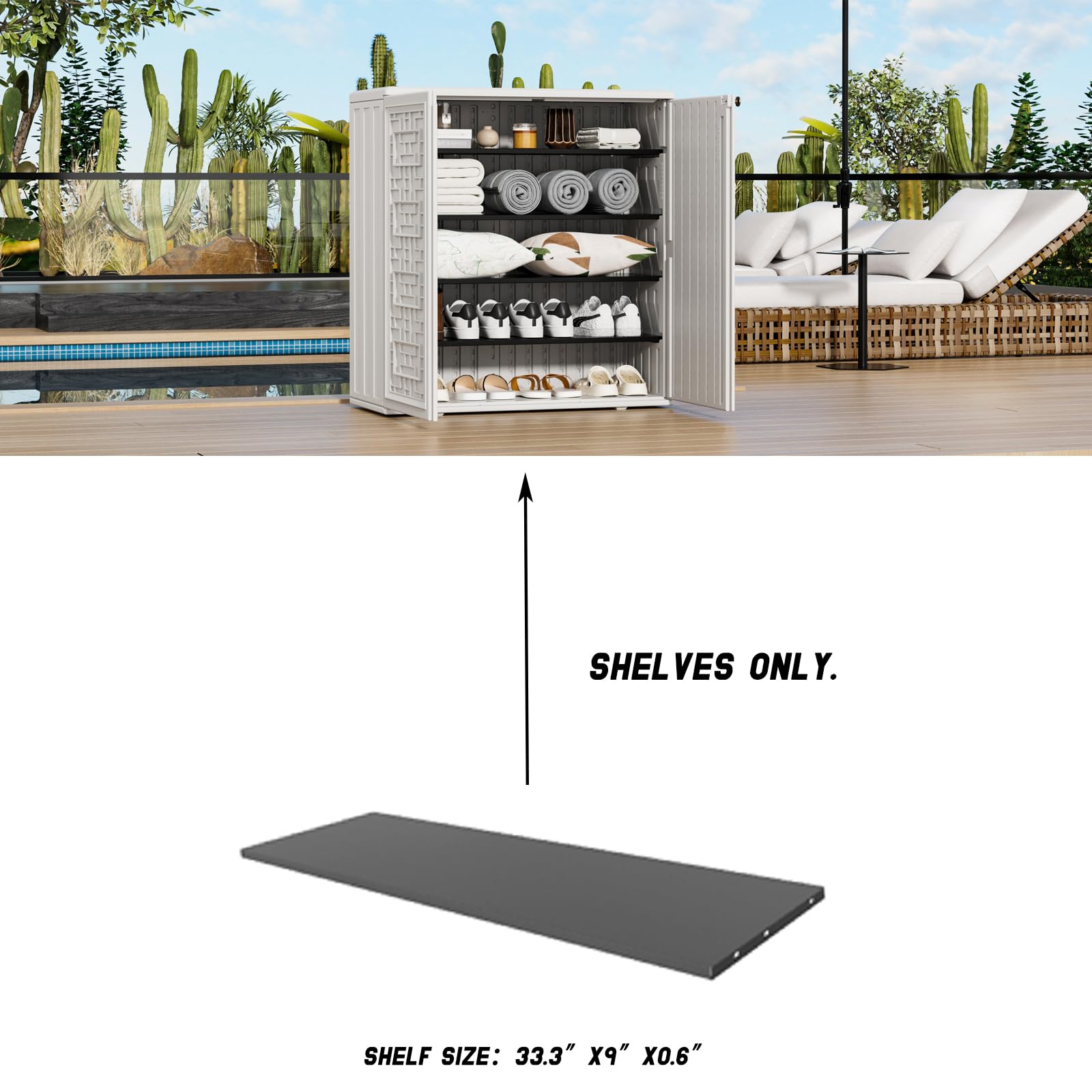 Mrosaa 33.3”x9”x0.6” Metal Shelf for 60 Gallon Outdoor Storage Cabinet - '1-Piece Black Metal Laminate Shelf ', Easy to Assemble.Shelves only!(Black)