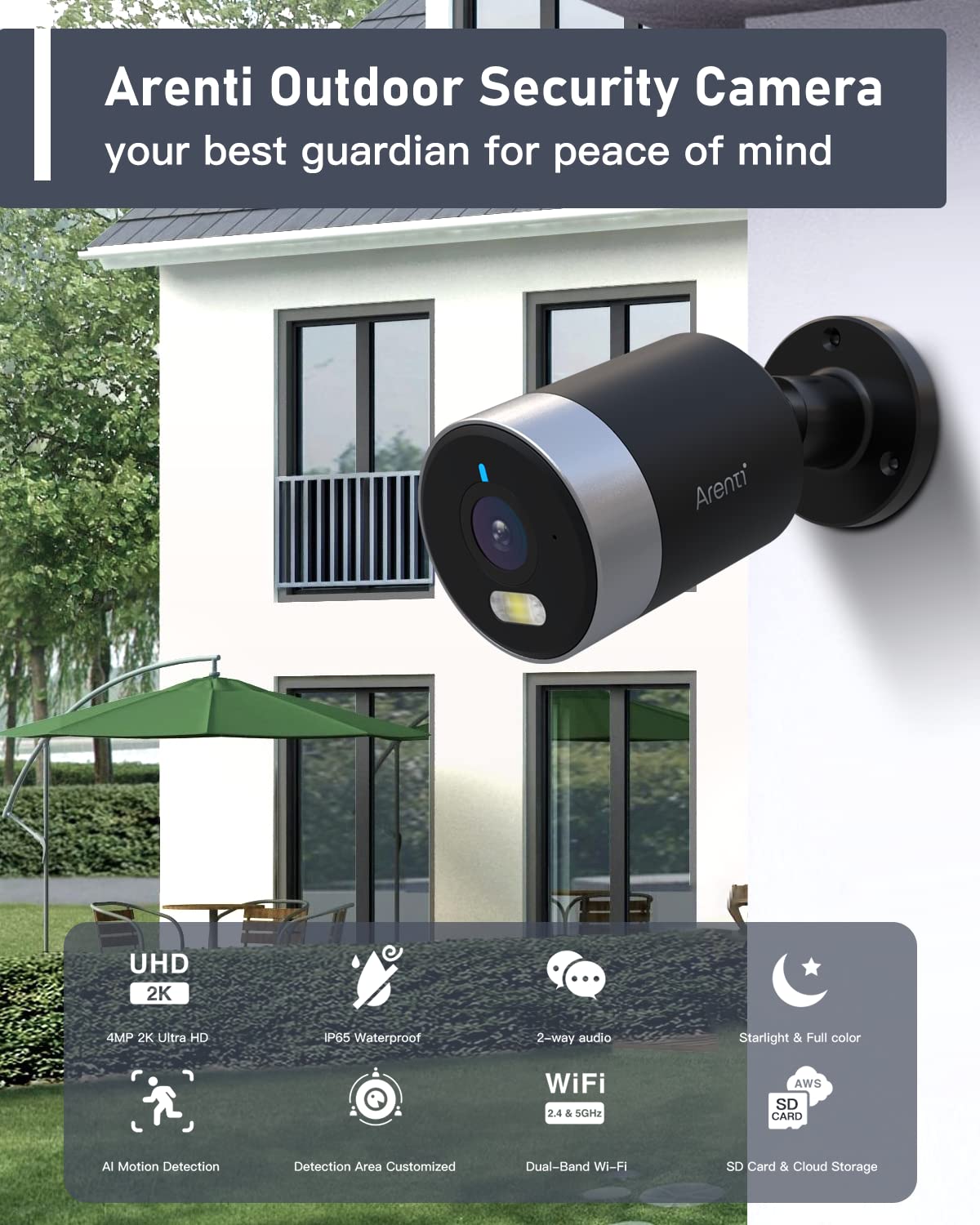 ARENTI Security Camera, Outdoor Cameras for Home 4MP Resolution,IP Camera with Spotlight 2.4GHz/5GHz Dual Band WiFi,Color Night Vision,2-Way Talk,AI Motion Detection Siren Alarm,Cloud&SD Card Storage