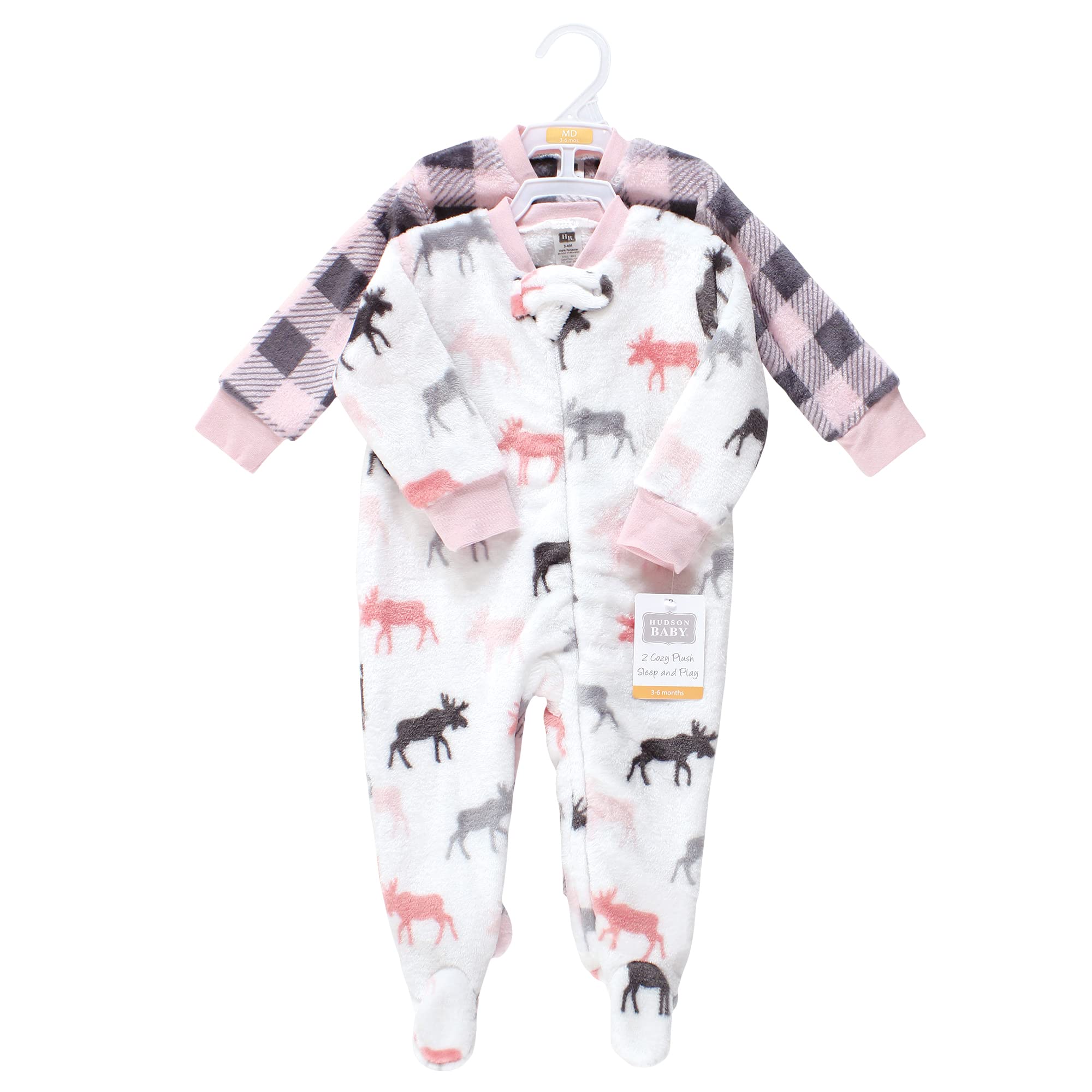 Hudson Baby Unisex Baby Plush Sleep and Play, Pink Moose, 6-9 Months