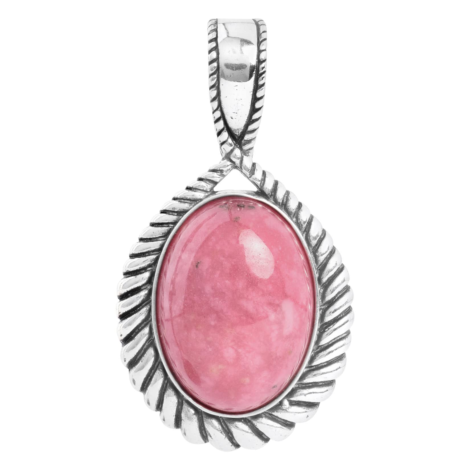 American West Sterling Oval Pink Rhodonite Gemstone Rope Pendant Enhancer