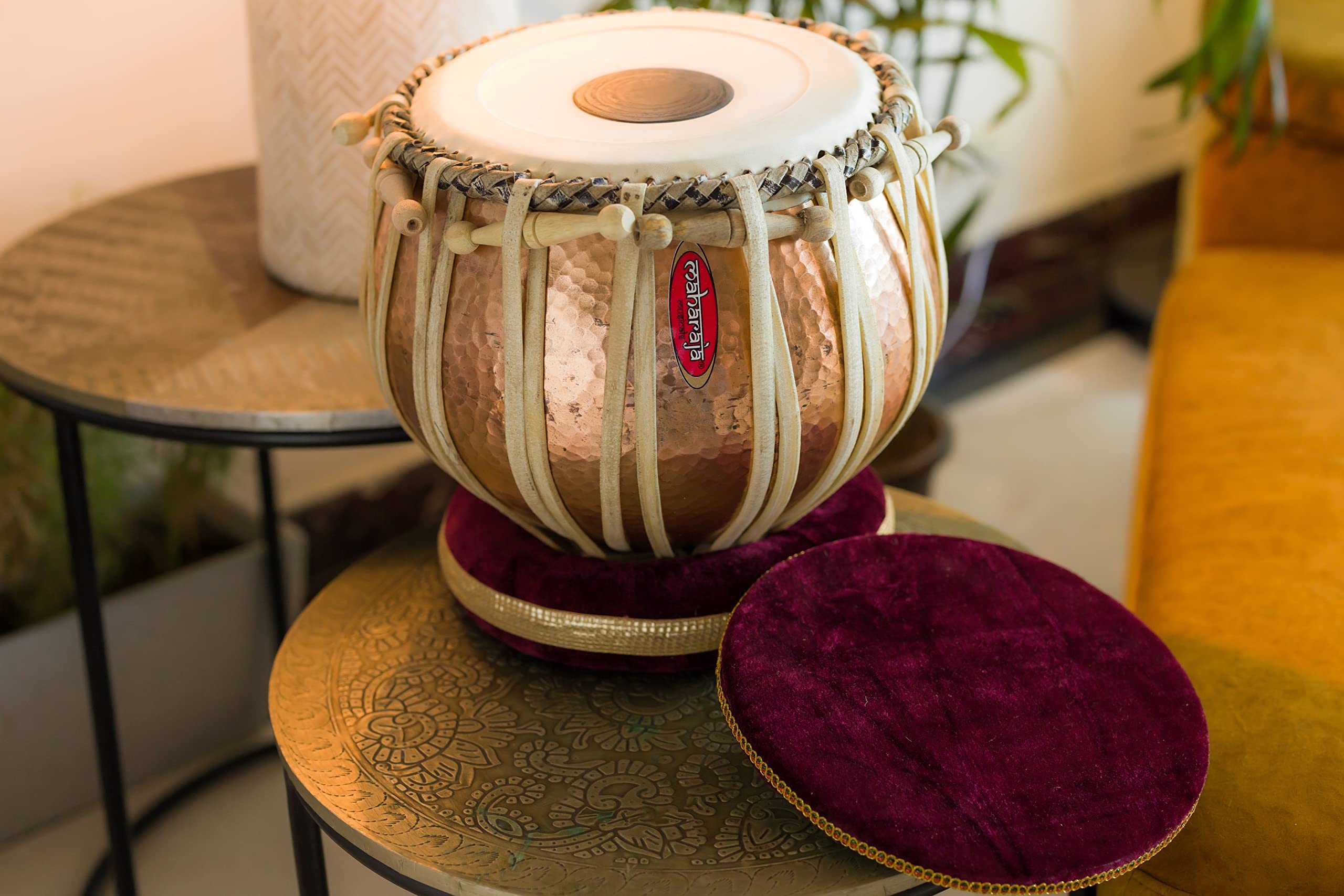 Concert Tabla Drum Set, 5½ Kg Lacquer Polish Copper Bayan, Maharaja, Finest Dayan with Padded Bag, Hammer, Cushions & Cover (PDI-BJJ)