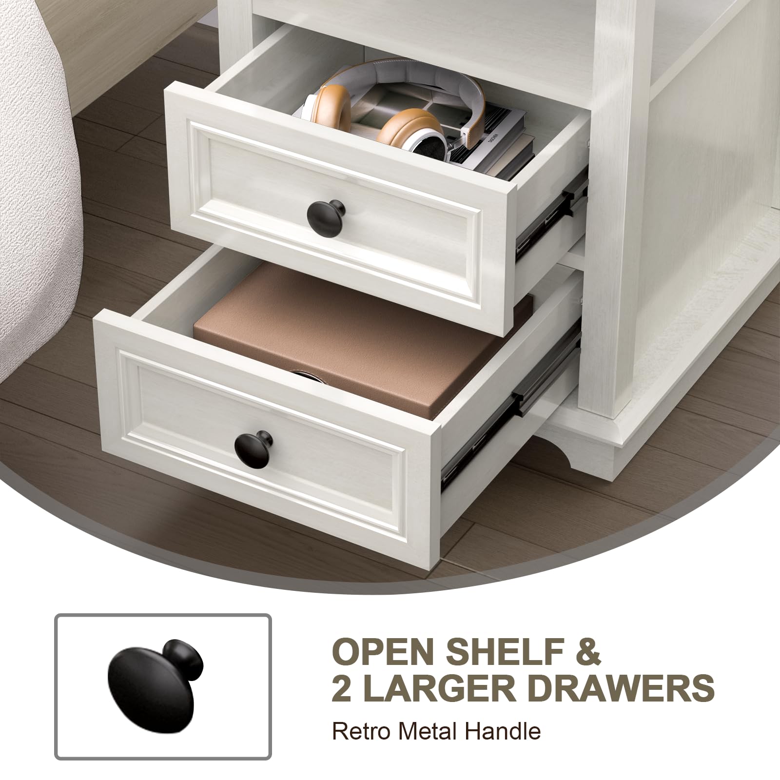REDAYFUR End Table with Fast USB C Charging Station, 24β Tall Sofa Side Table with 2 Drawers, Large Storage Rustic Wood Square Storage Cabinet for Living Room,Bedroom,Office, White