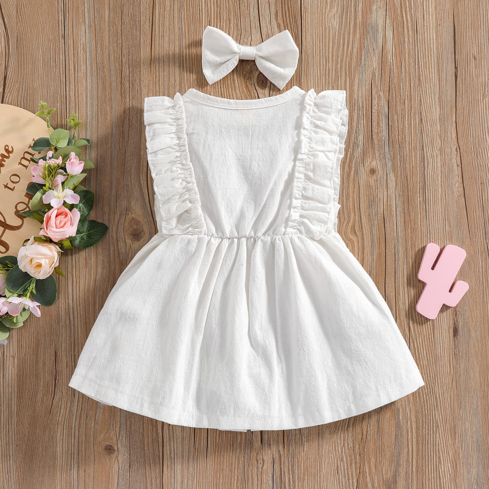 Cudilica Toddler Baby Girls Summer Dress Sleeveless Ruffle Solid Cotton Linen Button Princess Dresses Headband Infant Set (White, 6-12 Months)