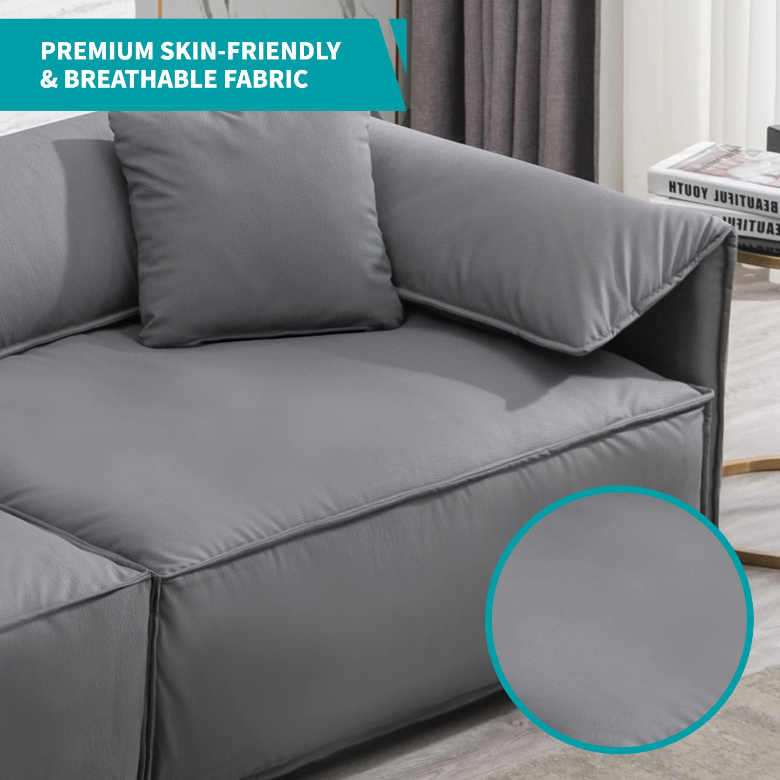 BALUS 97" Oversized Sofa Couch, Faux Leather Modern Couch for Living Room - Dark Grey