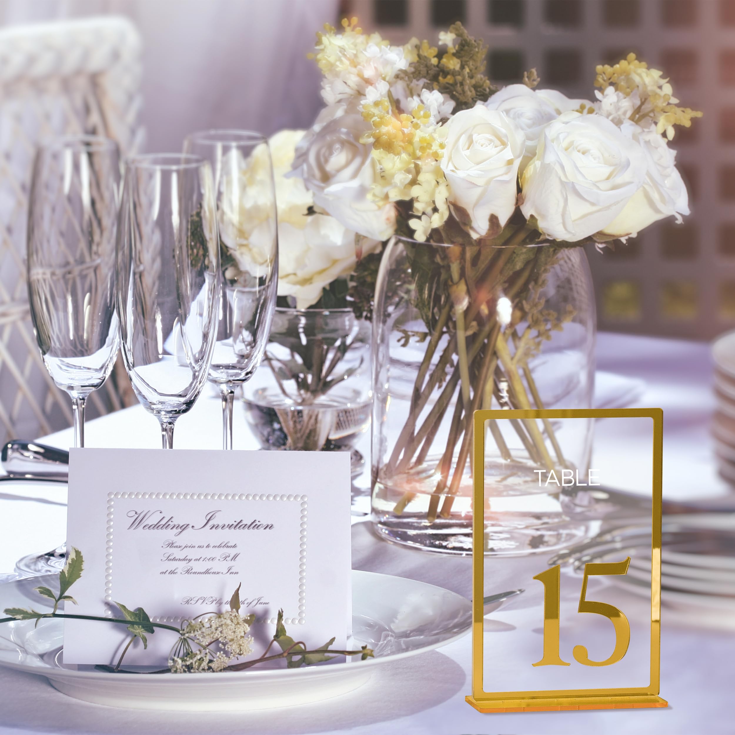Blue Violet Wedding Table Numbers 1-25, Gold Mirror Acrylic Table Numbers with Stands, 4x6” Table Sign and Holder, Laser Cut 3D Overlay, Table Numbers for Reception