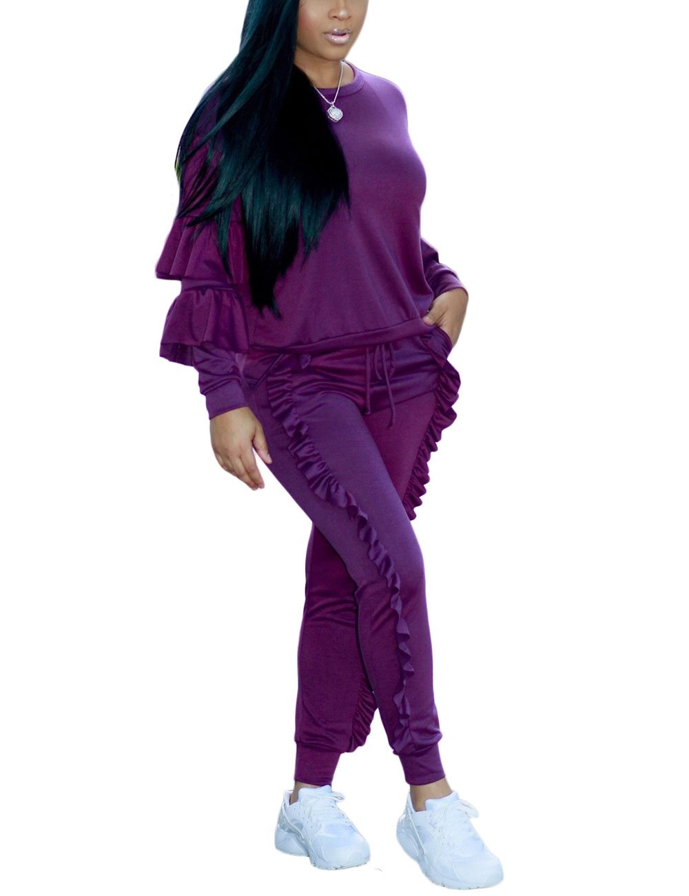 Akmipoem Casual Ruffle Two Piece Outfits Pullover Tops and Pants Jumpsuit Set for Ladies Purple XL