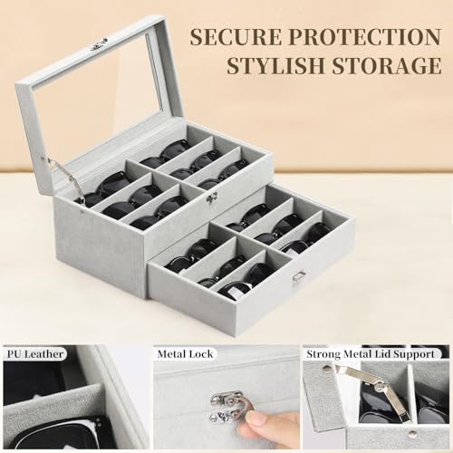 AUTOARK Ice Velvet Clear Lid 12 Piece Eyeglasses Storage and Sunglass Glasses Display Drawer Lockable Case Organizer,AW-163