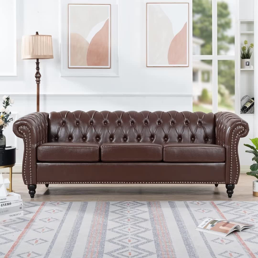 JINS&VICO 84" Chesterfield Sofa Couch, 3 Seater PU Leather Sofa w/Thick Cushion and Deep Seat, Mid-Century Modern Upholstered Accent Rolled Arm Sofa for Living Room, Bedroom, Office, Apartment, Black