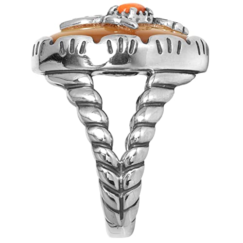 American West Sterling Silver Women's Ring Gold Mother of Pearl & Orange Spiny Gemstone Hummingbird Design Size 9