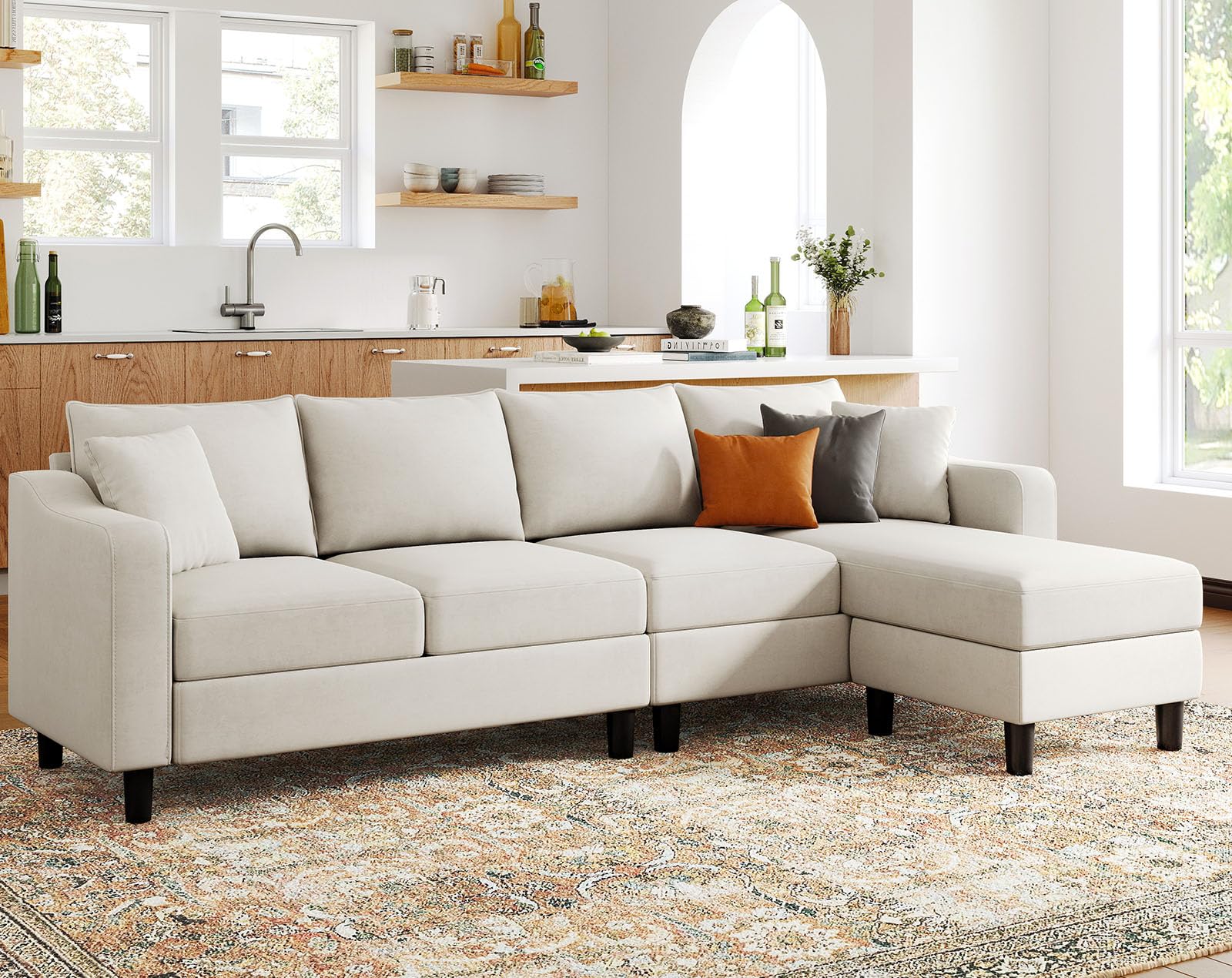 Belffin Velvet Convertible Sectional Sofa L Shaped Couch Reversible Sectional Sofa with Chaise Velvet 4 Seat Sectional Sofa (Beige)…
