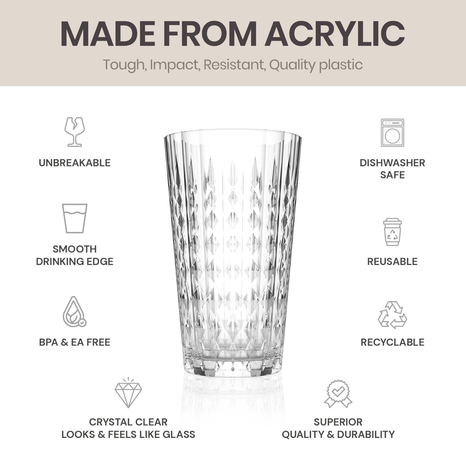 BELLAFORTE Shatterproof Acrylic Tall Tumbler, Set of 4, 19oz - Bondi Beach Stackable Drinking Glasses - Unbreakable Plastic Drinking Glasses for Party, Gifting - BPA Free - Dishwasher Safe - Clear