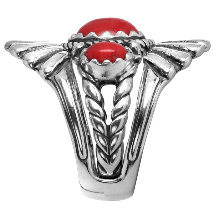 American West Sterling Silver Women's Statement Ring Red Coral Gemstone Ring Guard 2-Piece Size 8