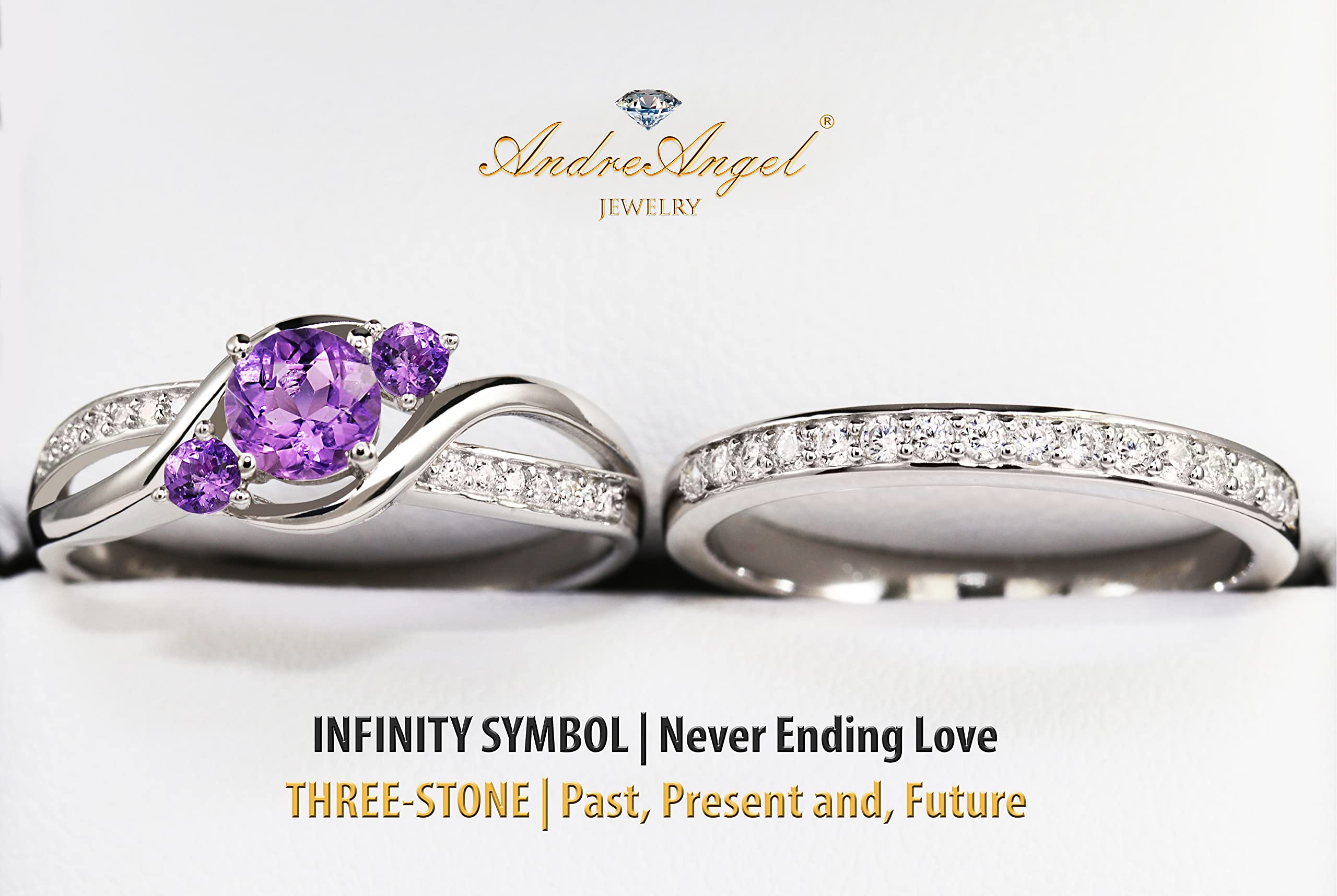 AndreAngel Three-Stone Genuine Amethyst Wedding Ring Set for Women, Solid Sterling Silver 925, 5A+ Grade Cubic Zirconia Stones 0.5 Carat Rhodium-Platinum Plated White Gold Color