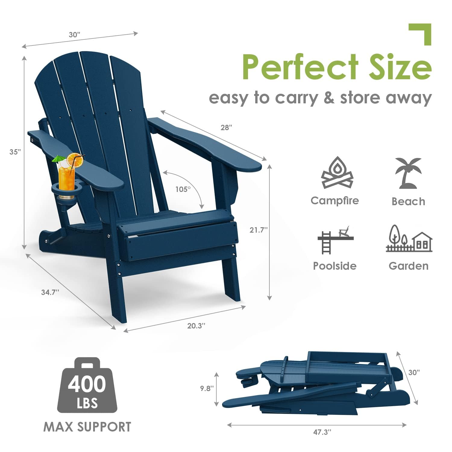 GREENVINES Folding-Adirondack-Chairs-Set-of-4 | HDPE Plastic | Fire Pit Chair | All Weather | Cup Holder | Blue | for Deck Backyard Patio Outdoor Garden