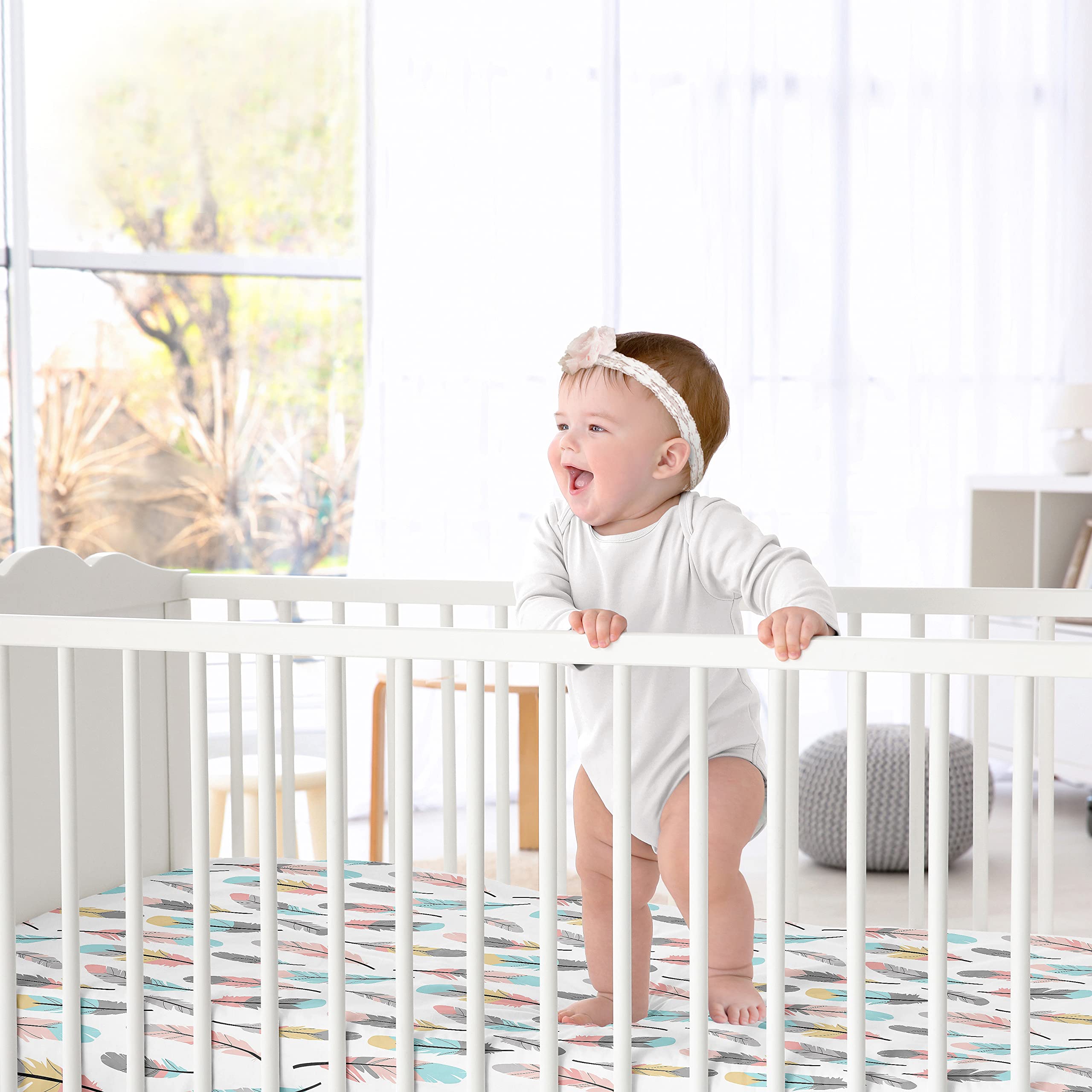 Multicolored Feather Print Fitted Crib Sheet for Feather Collection Baby/Toddler Bedding Set