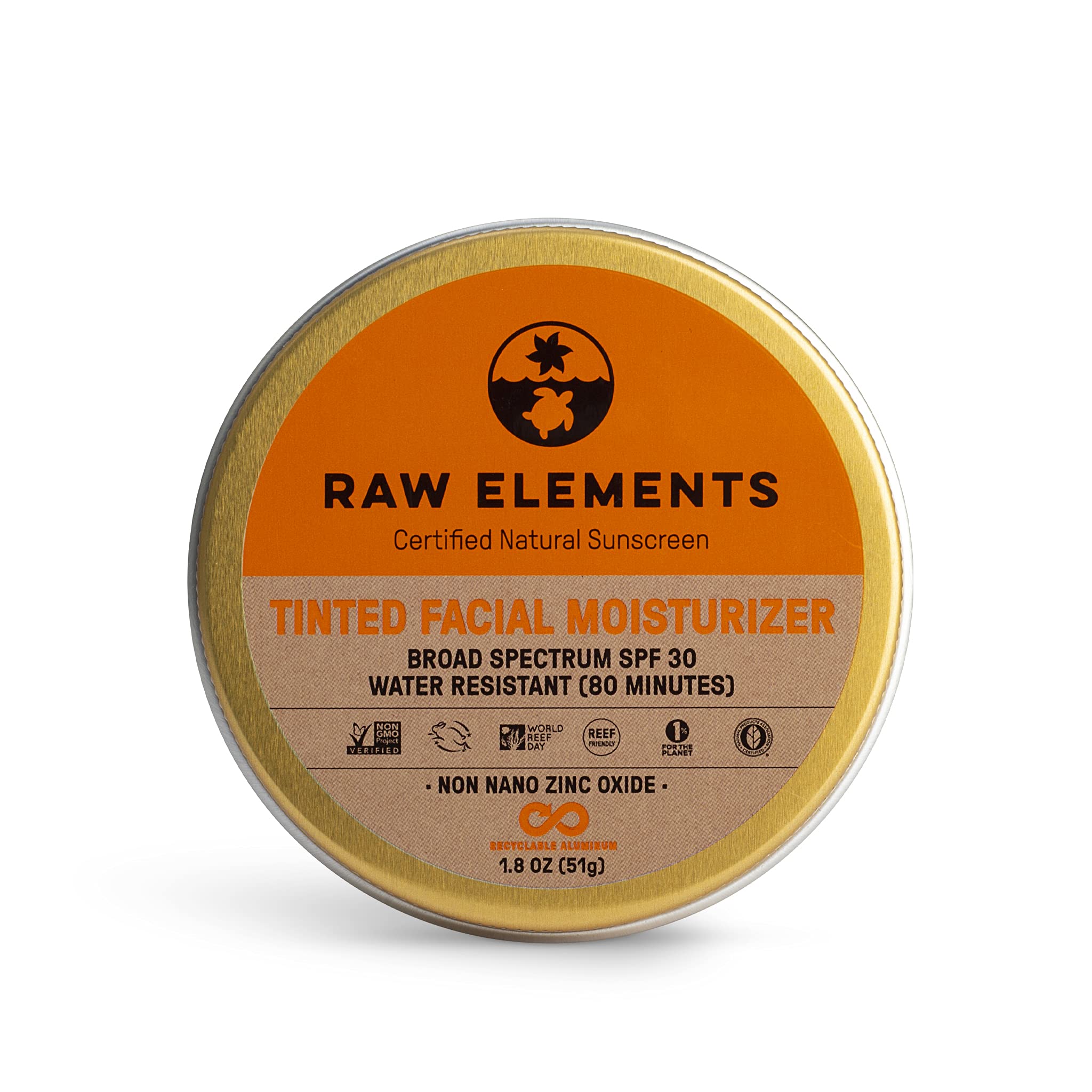 Raw Elements Tinted Facial Moisturizer All-Natural Sunscreen | Non-Nano Zinc Oxide, 95% Organic, Water Resistant, Reef Safe, Non-GMO, Cruelty-Free, SPF 30+, Reusable Tin, Reef-Safe, 1.8oz (1-Pack)