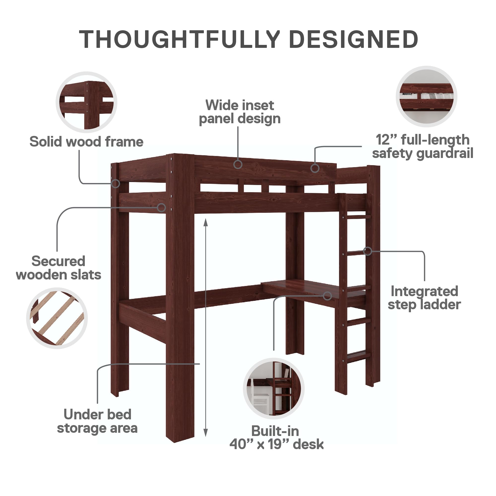 DHP Jaymee Kids Wood Loft Bed with Desk, Twin, Nutmeg