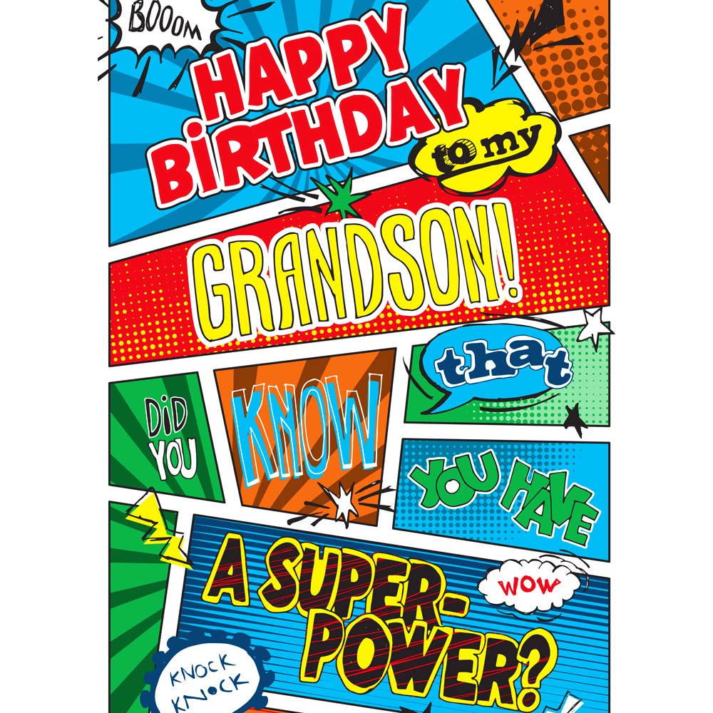 Prime Greetings Birthday Card For Grandson, Made in America, Eco-Friendly, Thick Card Stock with Premium Envelope 5in x 7.75in, Packaged in Protective Mailer (Superhero)