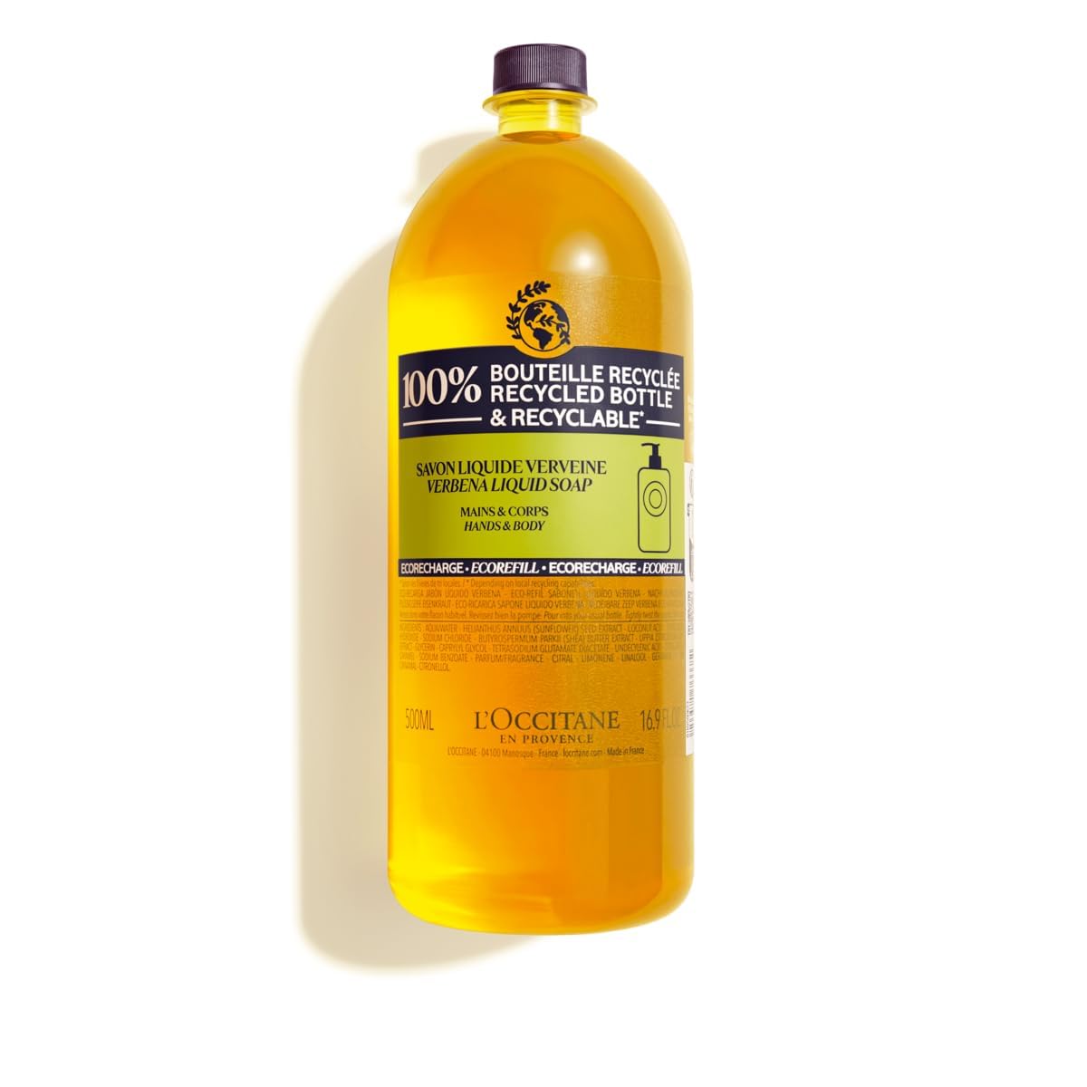 L'OCCITANE Shea Hands &-Body Verbena Liquid Soap: Gently Cleanse Hands & Body, Softening, Citrusy Aroma, Refill Available, 16.9 Fl. Oz