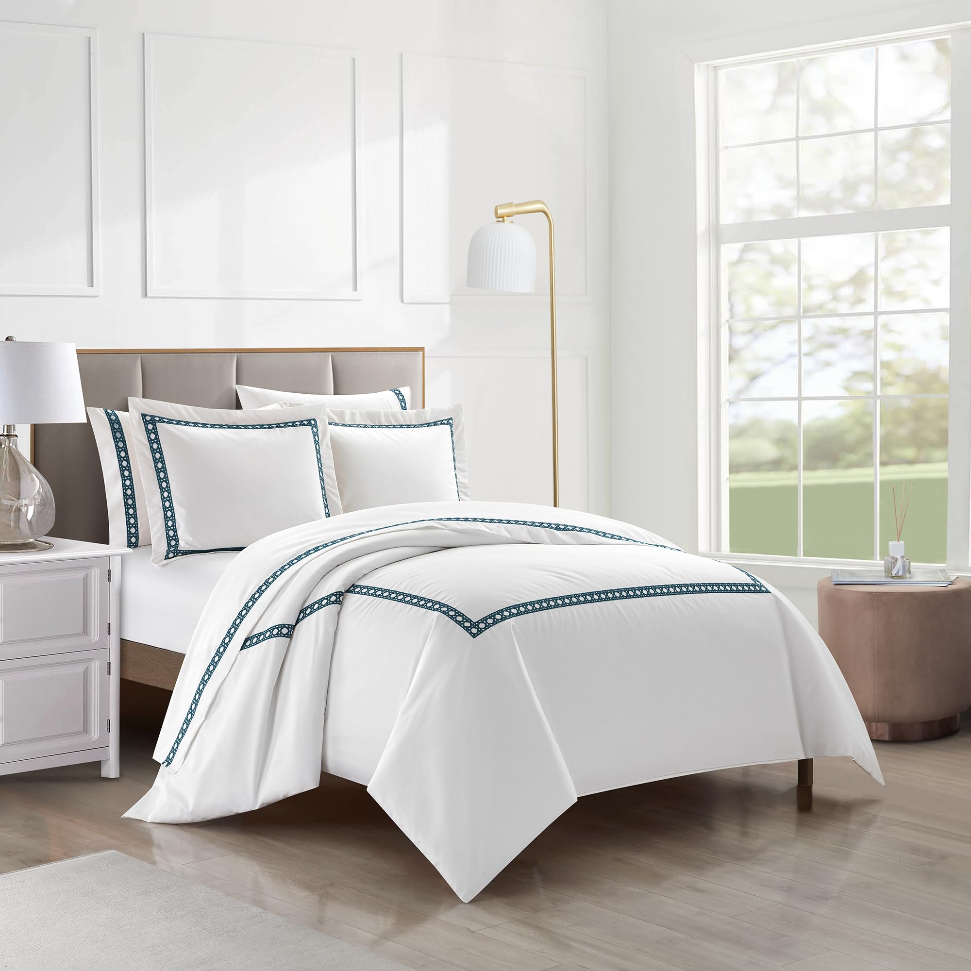 Chic Home Lewiston 3 Piece Cotton Blend Duvet Cover 1500 Thread Count Set Solid White with Embroidered Lattice Stitching Details Bedding β Includes Two Pillow Shams, Queen, Navy Blue