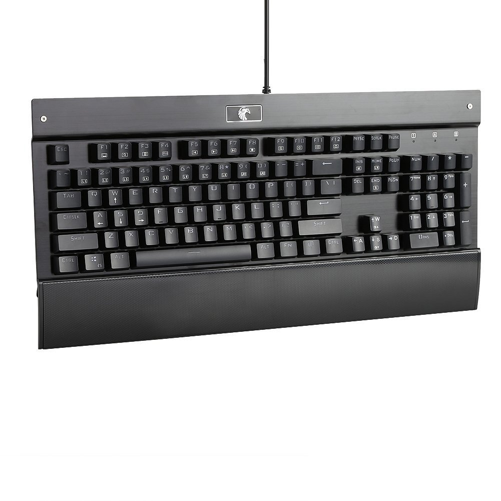 HUO JI E-Element MechanicalEagle Z-77 White LED Backlit Gaming Keyboard, 104 Keys Anti-Ghosting, with Blue Switches, Wrist Rest (Black)