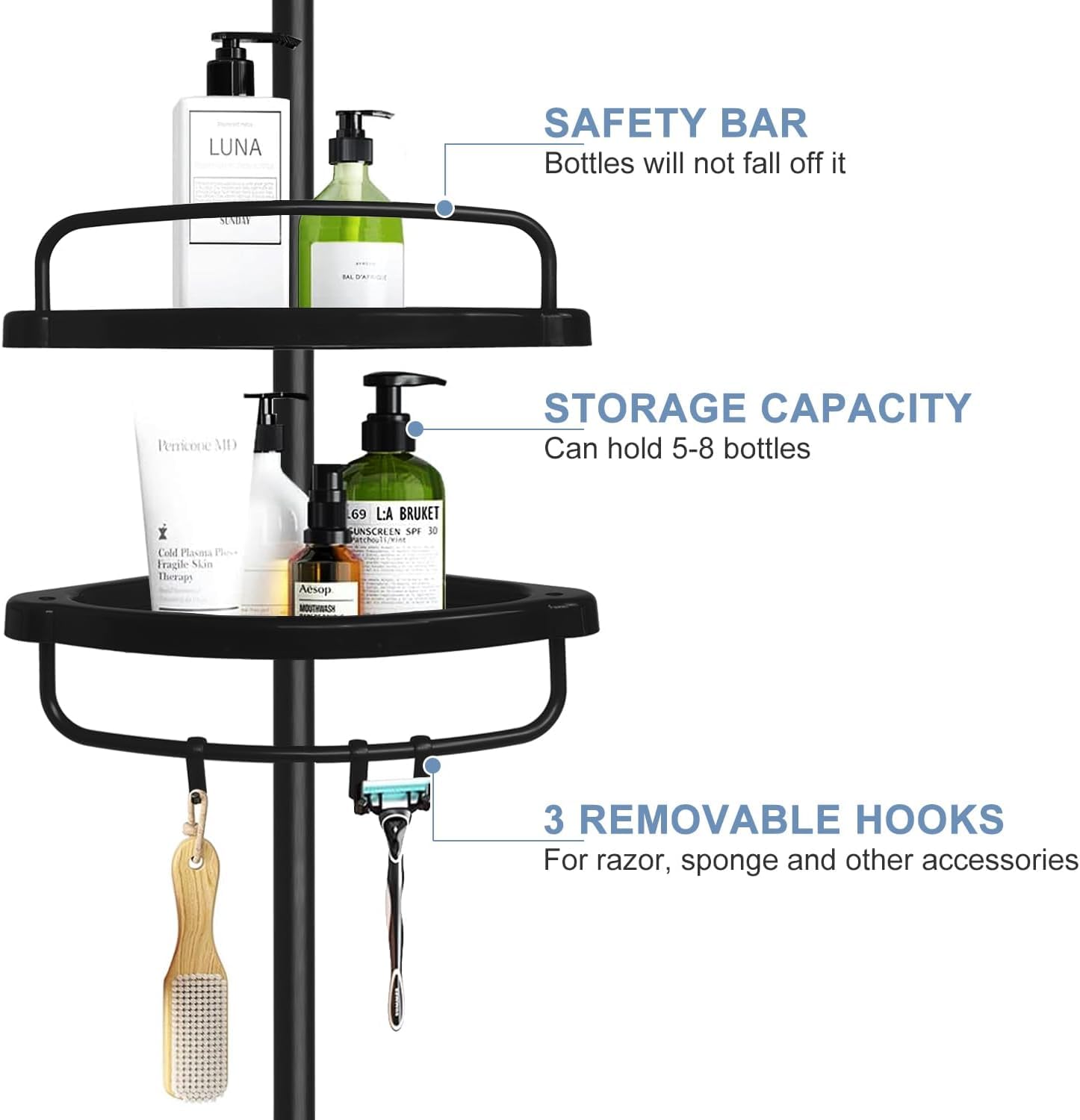 LuxyDecor Corner Shower Caddy Constant Tension Pole Rustproof Shower Rack 4 Tiers Adjustable Bathroom Storage Organizer Drill Free