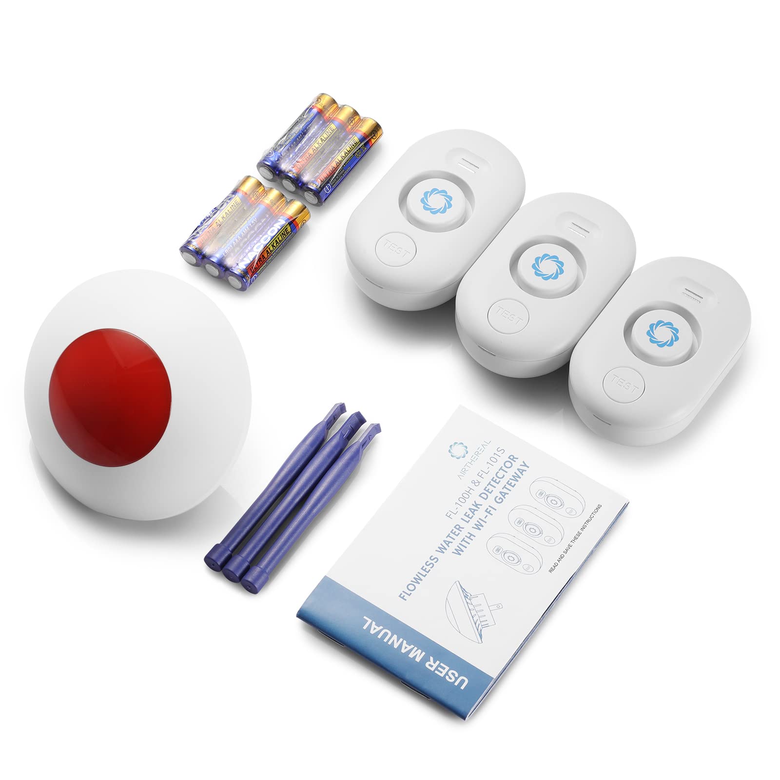 Airthereal Water Leak Detector 3-Pack with WiFi Gateway, Water Alarm Sensor with 0-120dB 4-Level Adjustable Alarm, Leak and Drip Alert with App Alerts for Home, Basement (Not Support 5G WiFi)