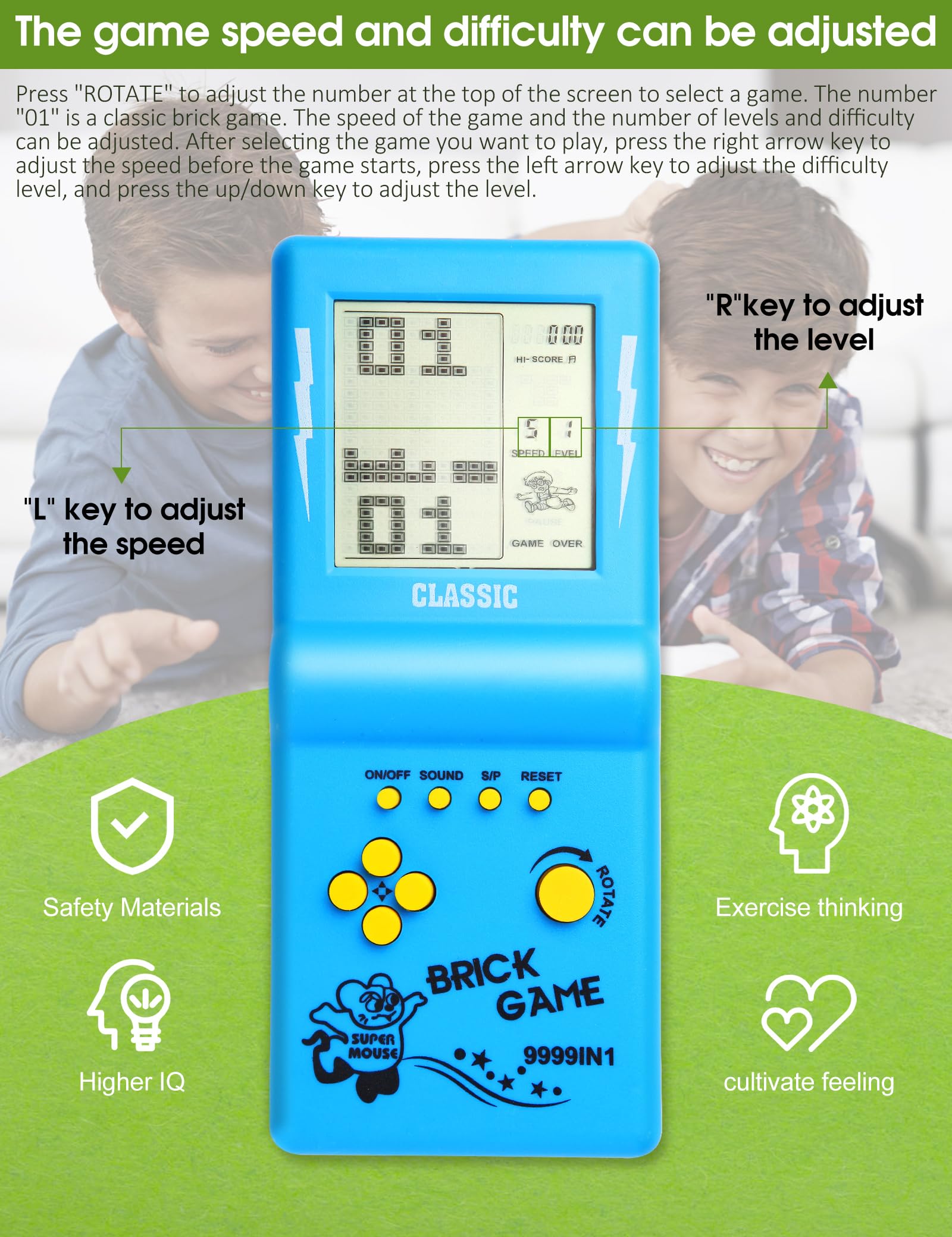 HLF 3.5-inch Large Screen Retro Brick Game Console for The 80s/90s Building Block Game Racing/Tank Game Built-in 23 Classic Games Nostalgic Puzzle Children's Game Console (Blue)