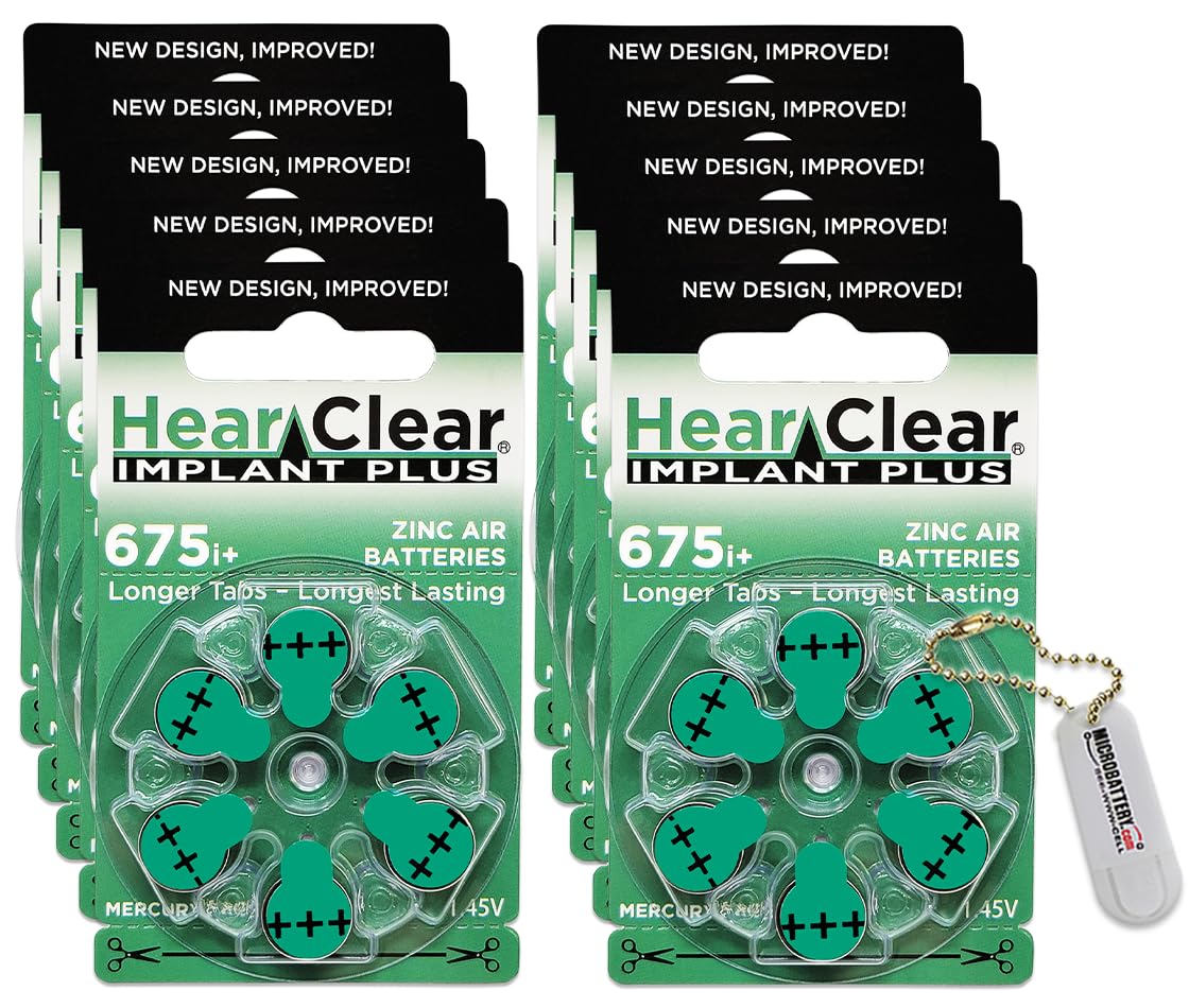 Hear Clear Size 675P Cochlear Implant Hearing Aid Batteries (60 Pack) + Battery Holder Keychain