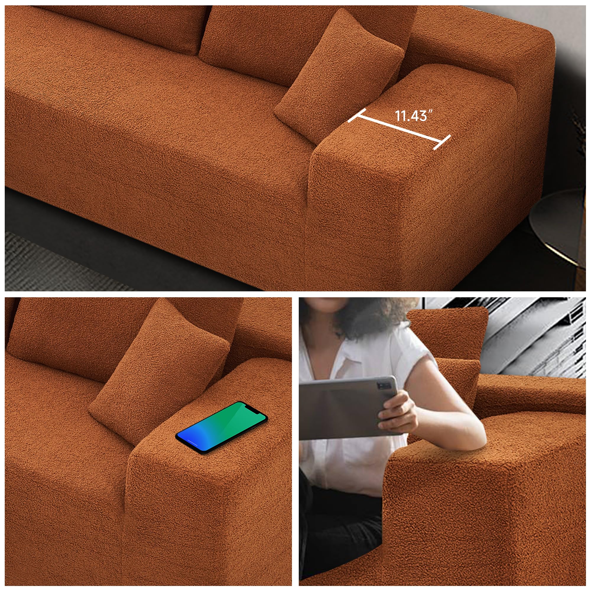 BAMOOLI 104'' Modular Sectional Couch, Modern L-Shape Sectional Sofa with Chaise Lounge, Comfy Lambswool Fabric Corner Sofa Couch, Upholstered 5 Seater Couch for Living Room, Bedroom, Apartment,Orange