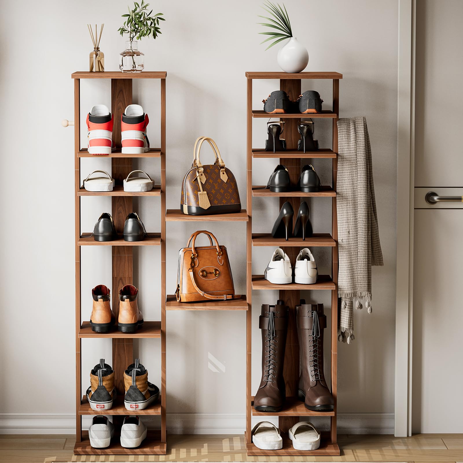 XBurmo Vertical Shoe Rack,9 Tier Shoe Storage Organizer with Hooks,Tall Shoe Tower,Slim Standing Shoe Shelf,Wooden Cubby Shoe Storage for Entryway/Small Spaces/Closet/Corner(walnut)