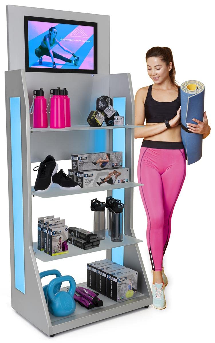 Displays2go LED Gondola with Digital Screen, Built-in Speaker, Four Shelves - Silver (SMFSDDSLED)