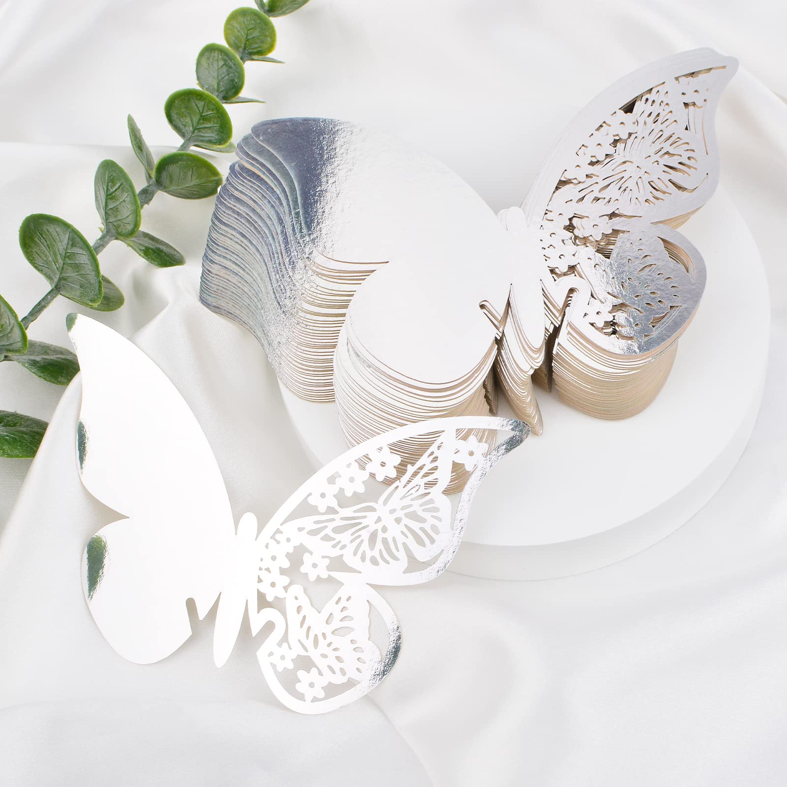URROMA Reflective Butterfly Table Number Place Card, 50 Pcs Silver Wine Glass Cup Decor Postcards Wedding Centerpieces Wall Decals Sticker for Parties