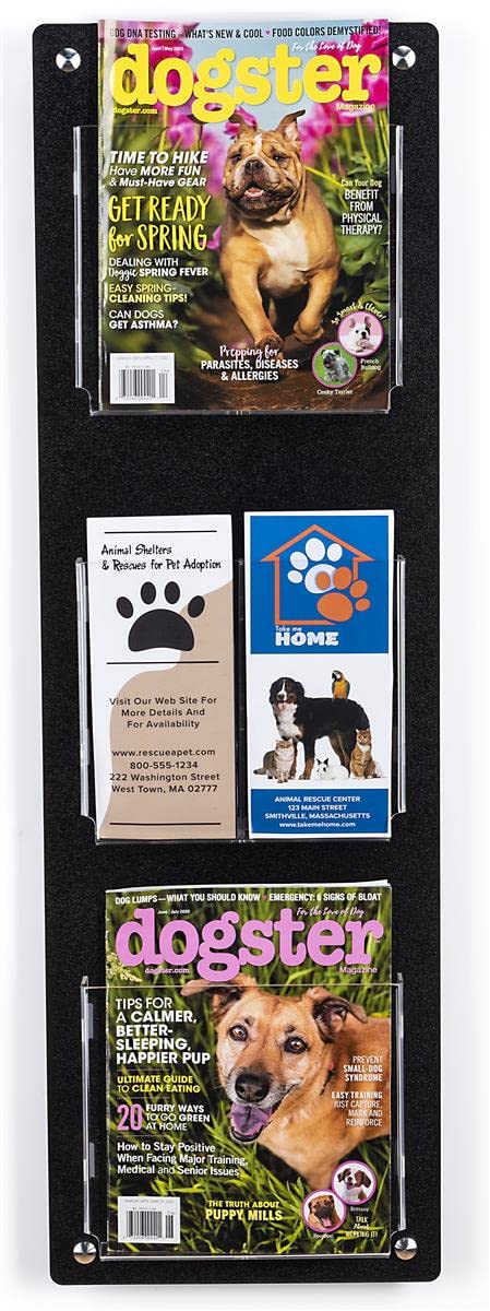 Displays2go Tiered Magazine Holder for Wall, 3-6 Adjustable Pockets, Frameless Acrylic - Black (2RP3BLK)
