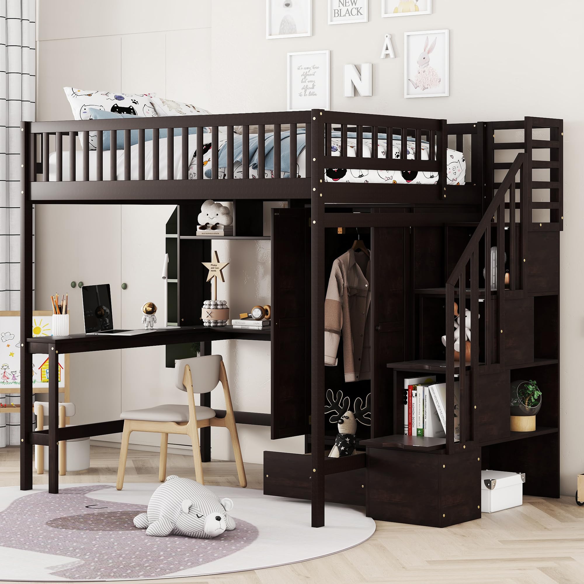 Full Size Loft Bed with Desk, Wardrobe, High Loft Bed Frame with Storage Staircases, Drawer Solid Wood Loft Beds for Kids, Boys and Girls,Teens, No Box Spring Needed (Espresso)