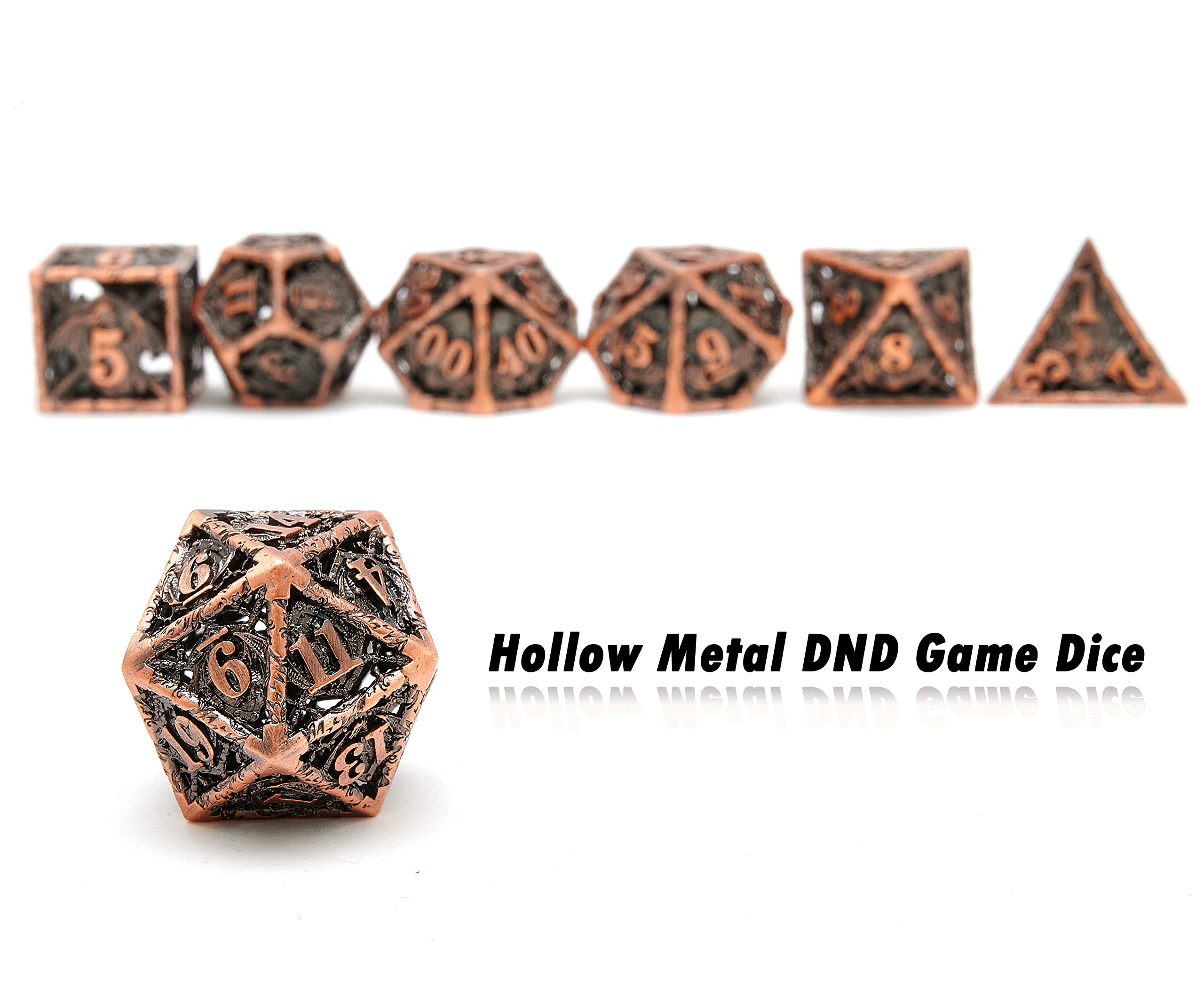 Hollow Metal DND Game Dice Set Shield and Dragon Sword，with Metal Gift case for Dungeons and Dragons RPG MTG Table Games D&D Pathfinder Shadowrun and Math Teaching (Ancient Copper)