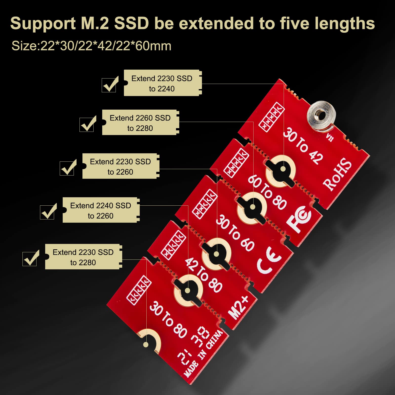 ARAIERD M.2 NGFF NVME SSD Length Extend Adapter with Screw Transfer 2230 2242 2260 to 2280 SSD Change Long Size Easy Installation M.2 PCIe NVME Converter Adapter for Laptop M.2 U.2 M3 M.3 SSD