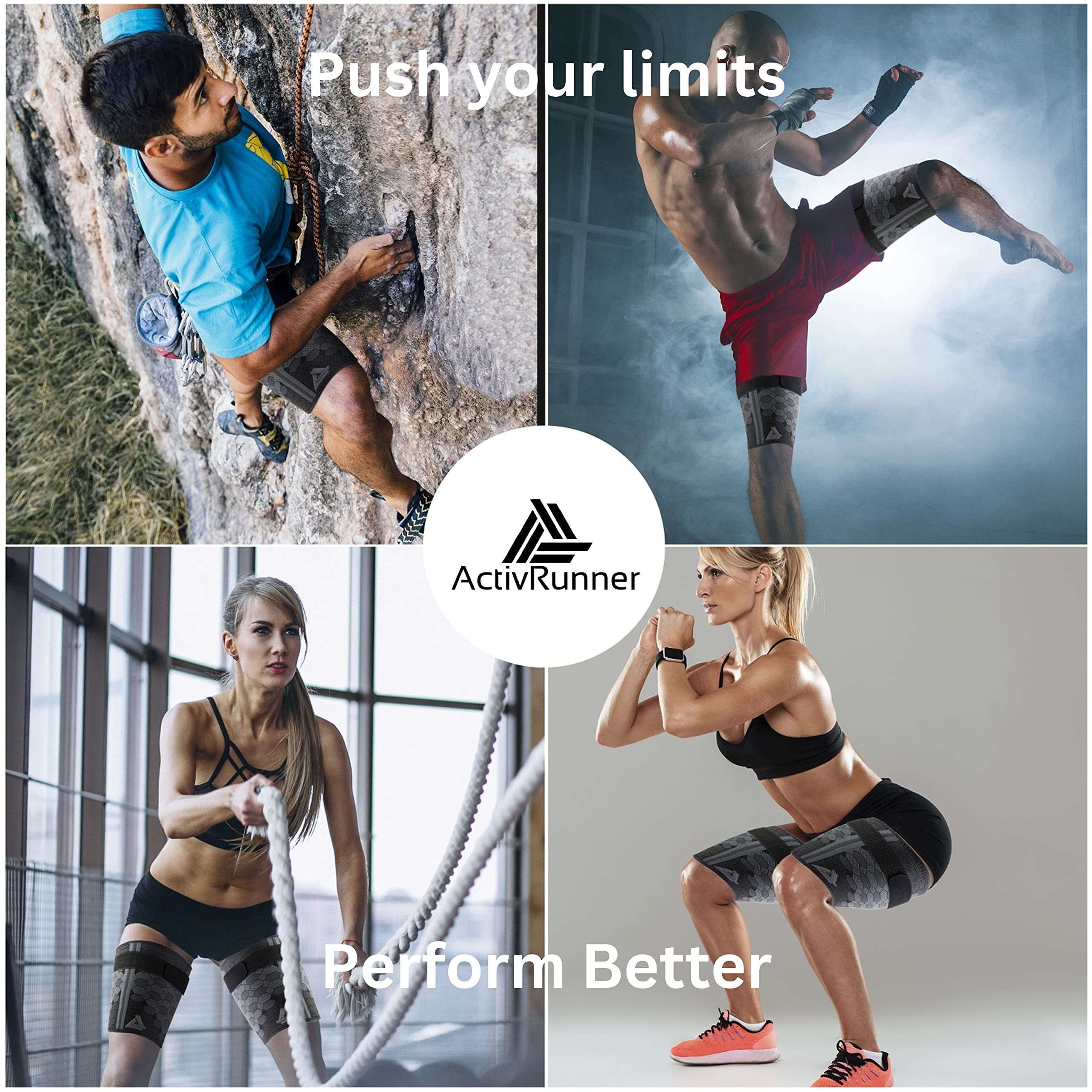 ActivRunner Thigh Compression Support Sleeve (2 per Pack), Breathable with Adjustable Non-Slip Strap for Hamstring and Quadricep Muscle Injury and Strain Recovery. Suitable for Men and Women