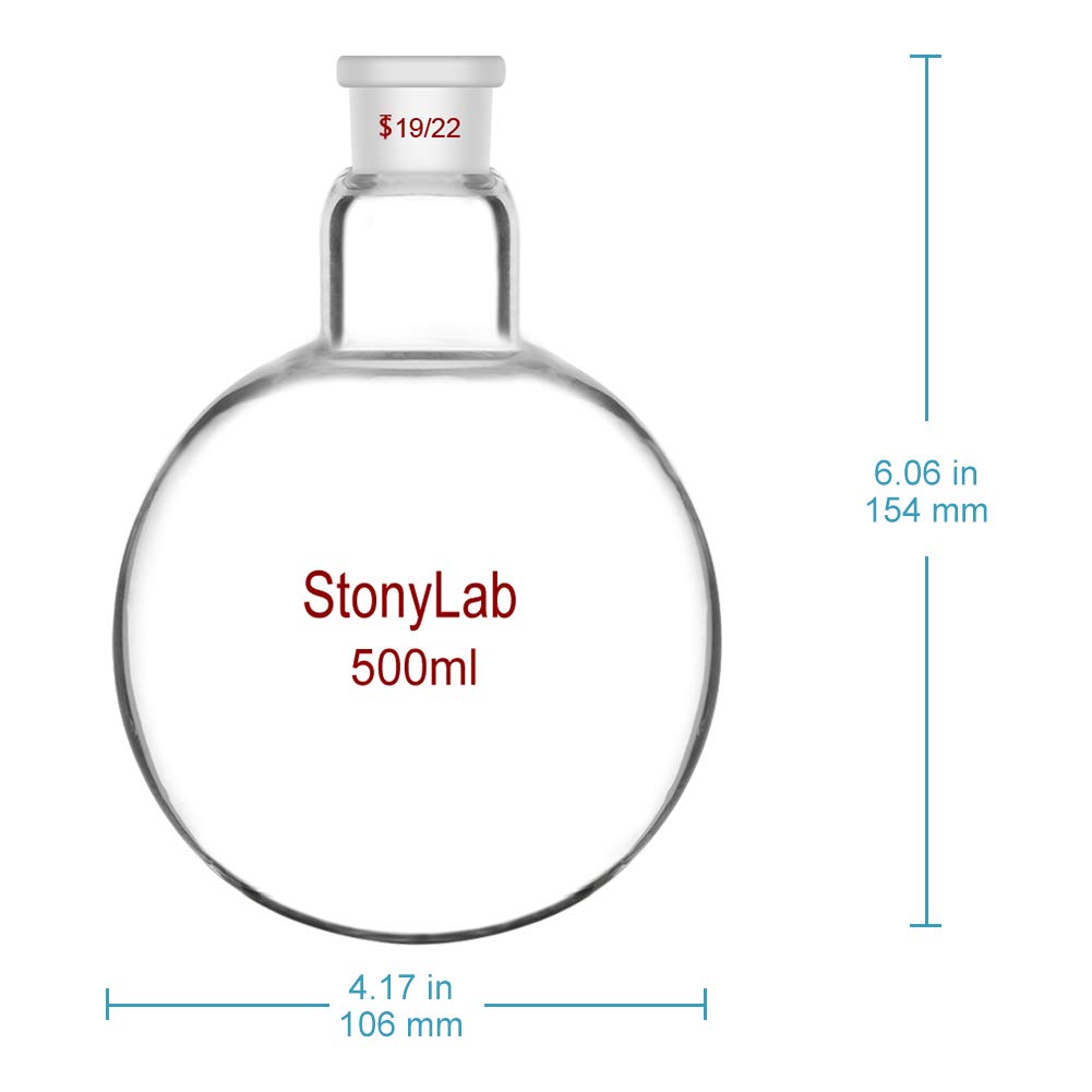 StonyLab Glass 500mL Heavy Wall Single Neck 1 Neck Round Bottom Flask RBF, with 19/22 Standard Taper Outer Joint - 500mL