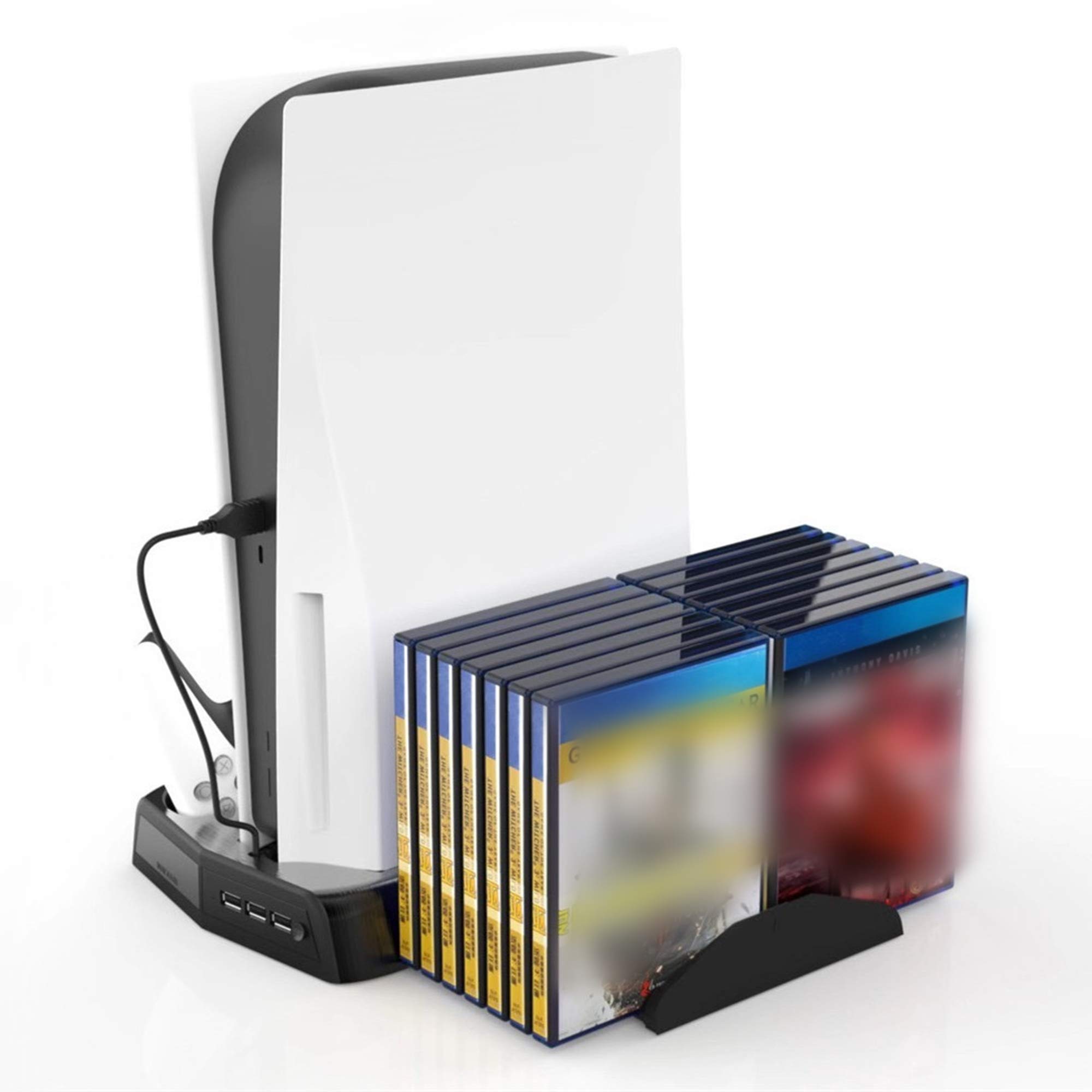 Cooling Fan for Ps5, 2-in 1 Vertical Stand with Dual Controller Charger Ports and 14 Game Rack Storage for Ps5 Cd/Digital Edition with 10pcs Thumb Joysticks