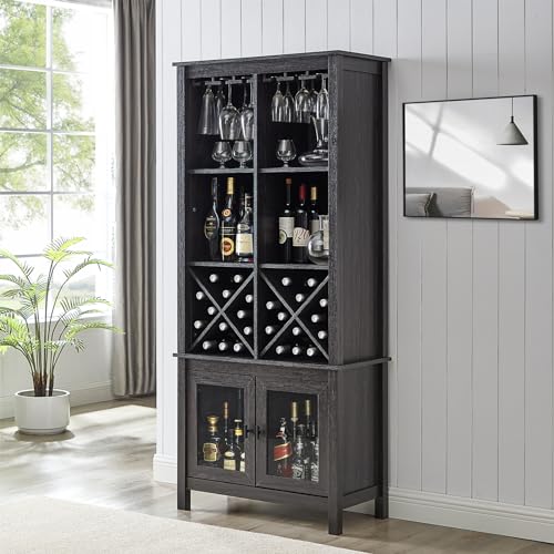 Home Source 72" Wood Exquisite Bar Wine Cabinet with Storage,Liquor Cabinet with Removable Wine Racks,Bookcase,Kitchen Pantry Storage Cabinet for Kitchen,Dining Room, Living Room,Espresso